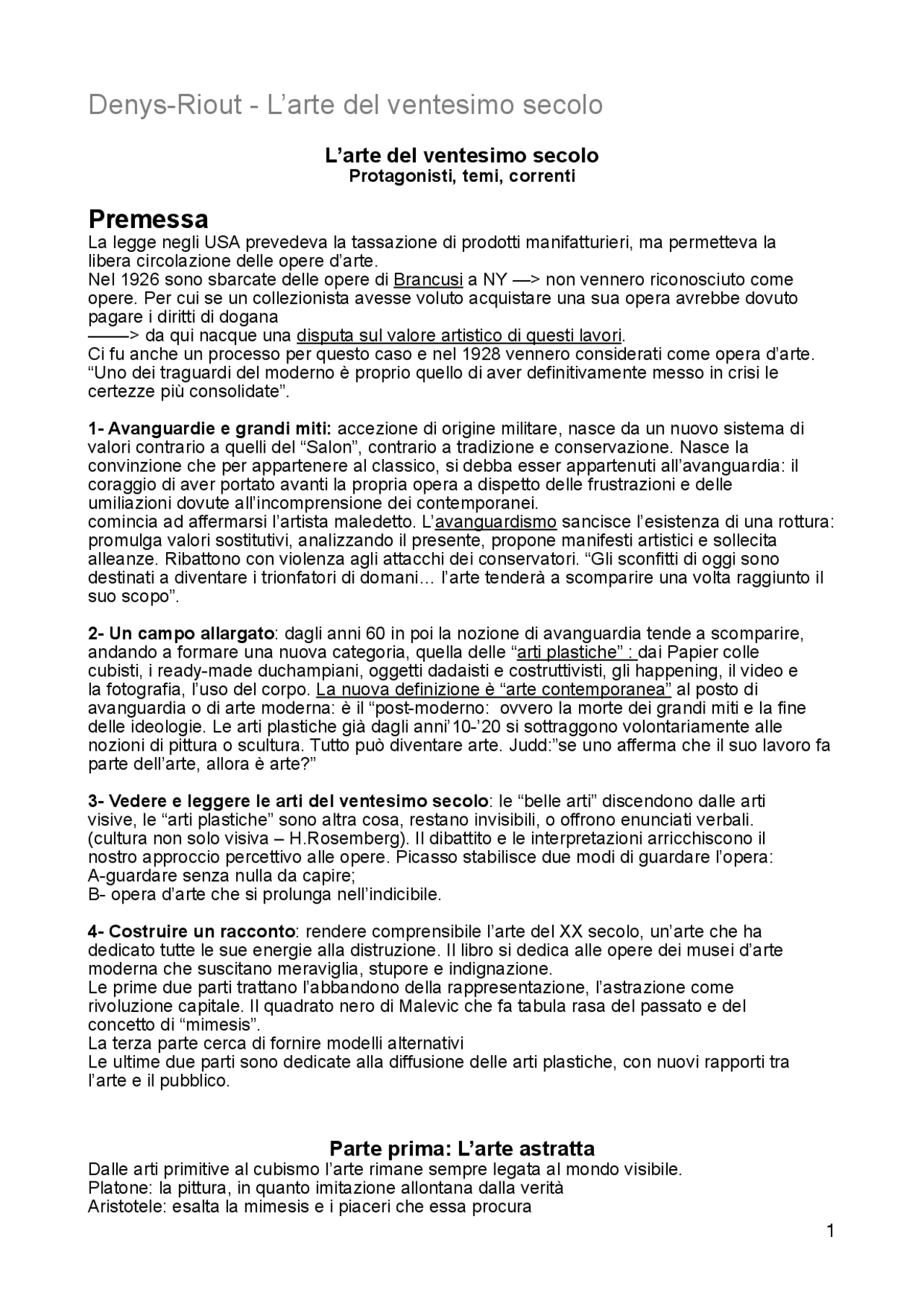 L'arte del ventesimo secolo - Riout - Docsity