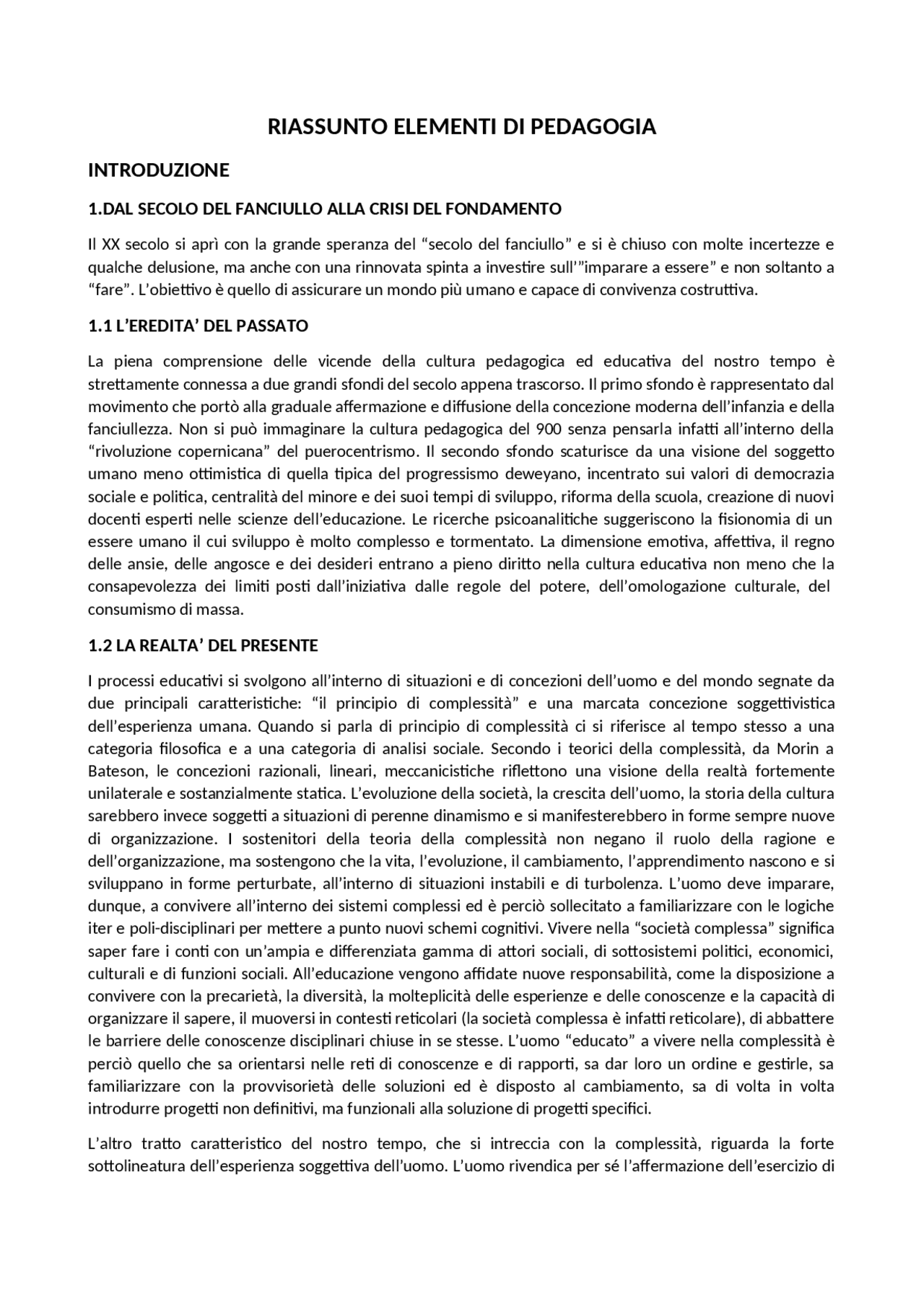 Riassunto Elementi Di Pedagogia Chiosso Docsity