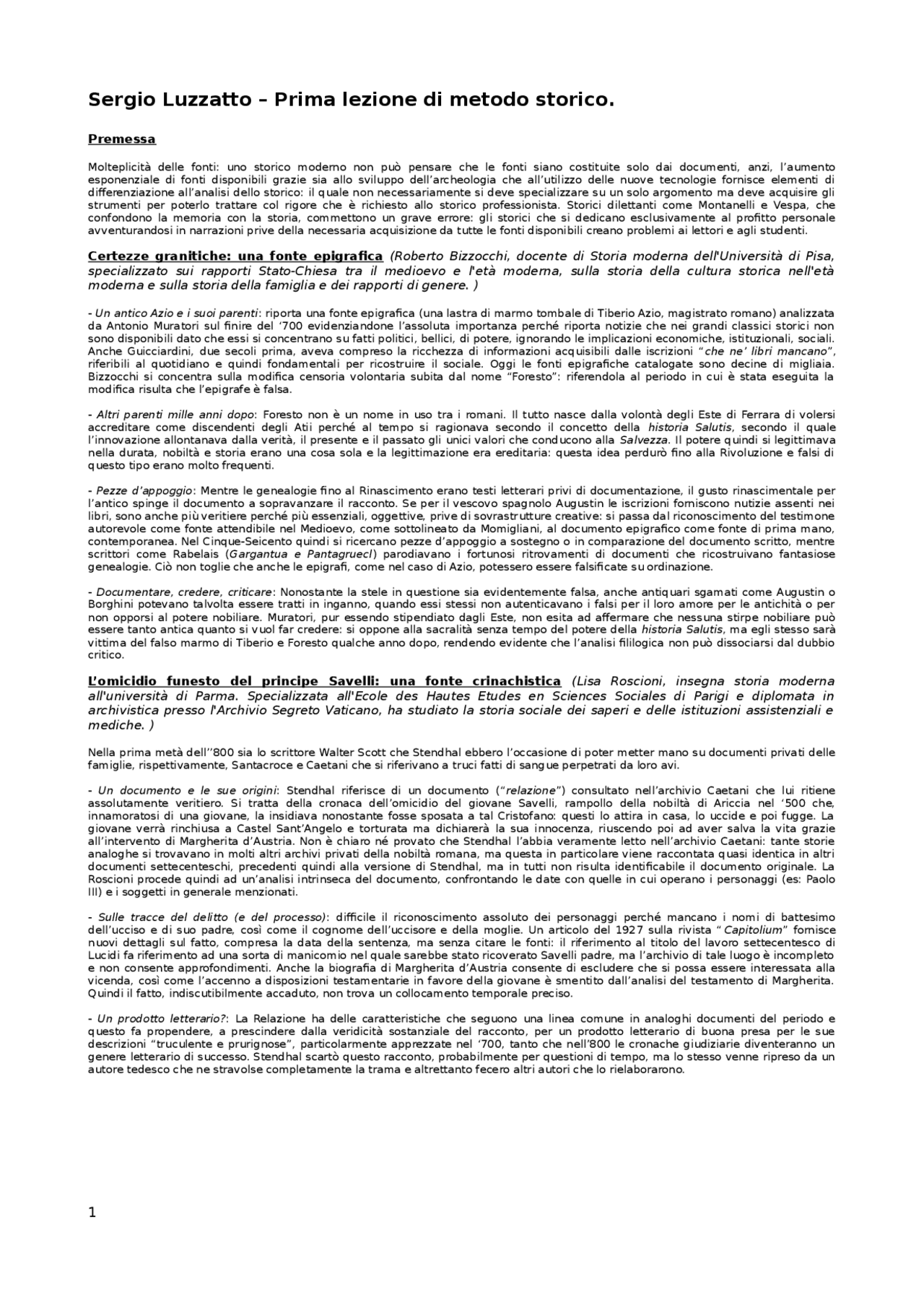 Sergio Luzzatto Prima Lezione Di Metodo Storico Riassunto Docsity