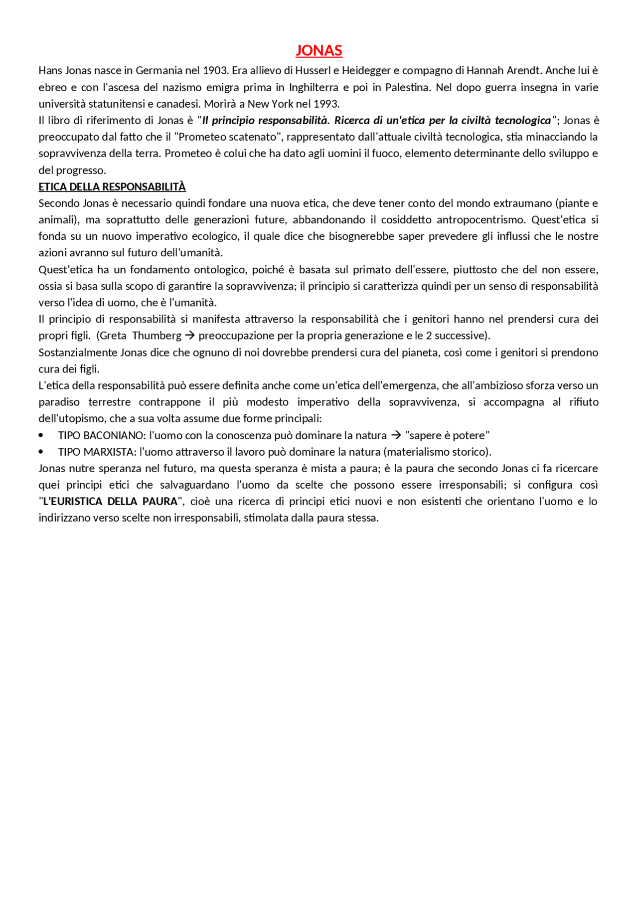 Appunti Filosofia Jonas Docsity