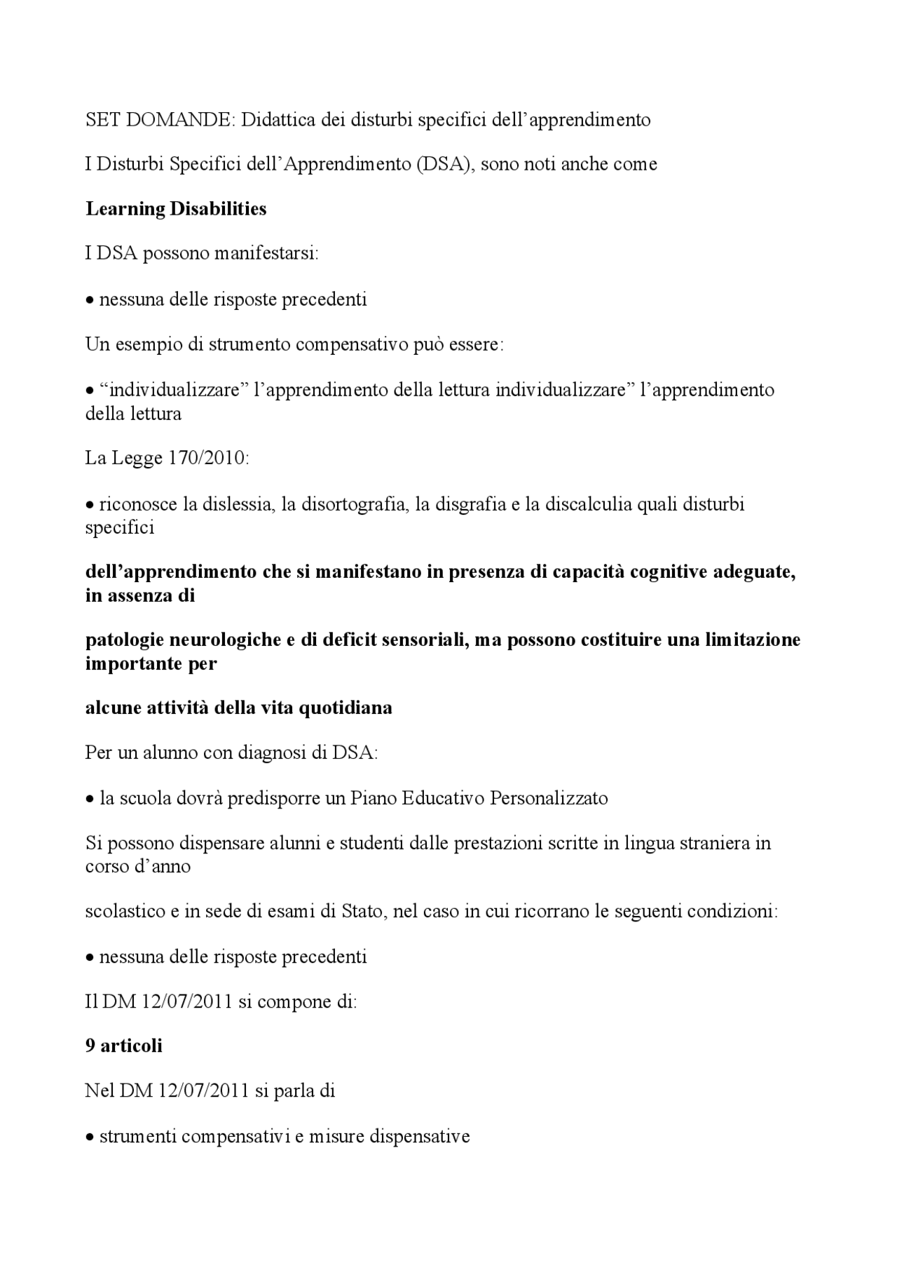Set Domande Didattica Dei Disturbi Di Apprendimento Docsity