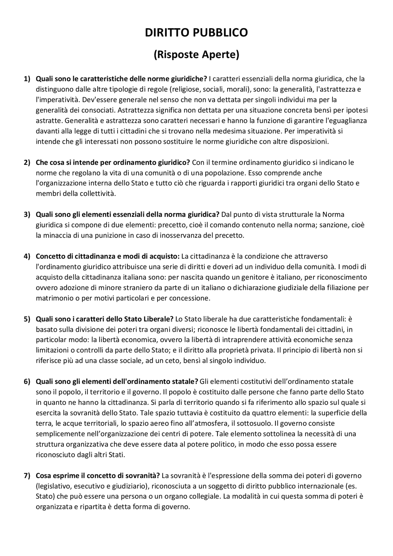 Paniere Diritto Pubblico RISPOSTE APERTE Prof. D’Alelio Roberto Scienze ...