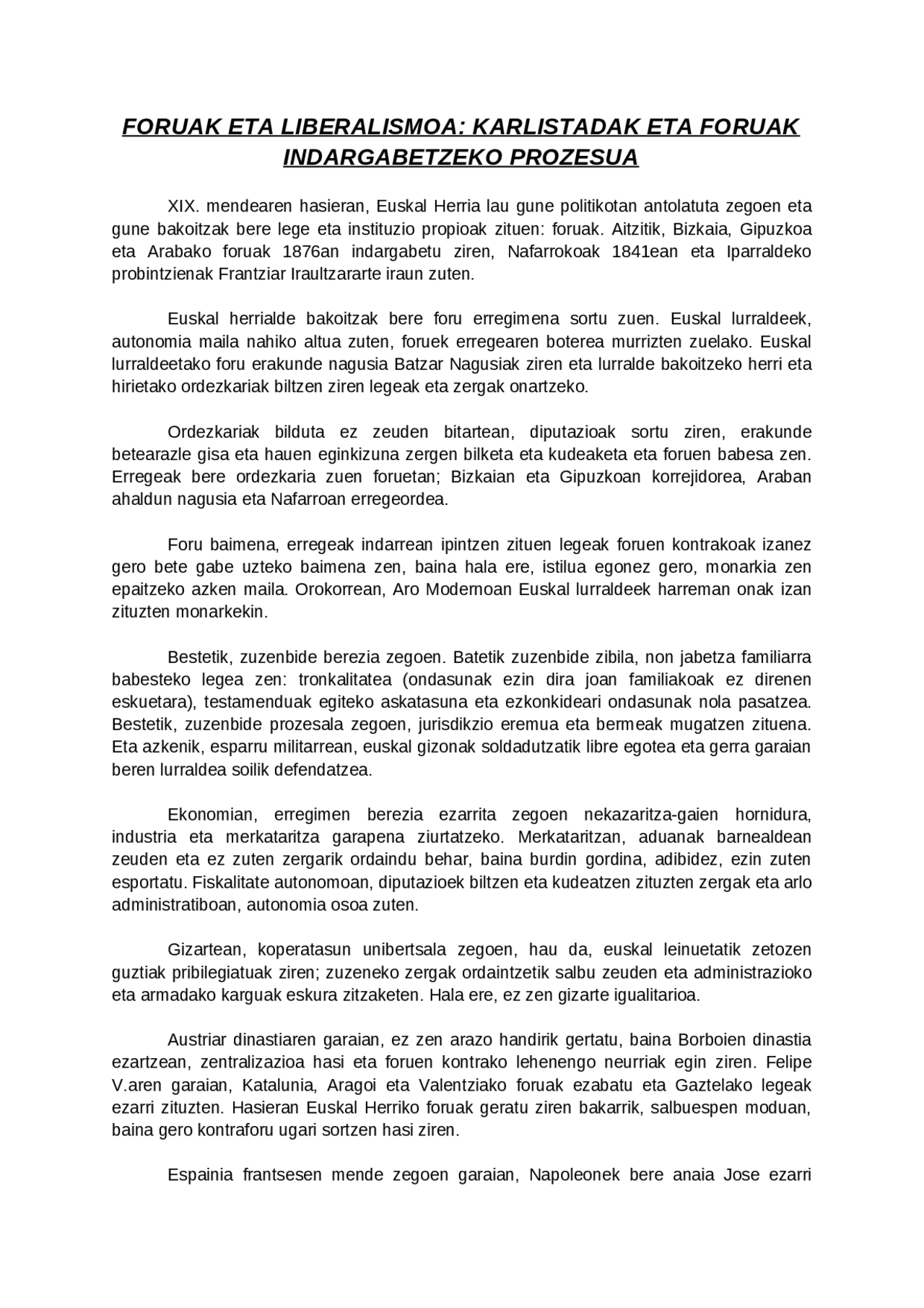 FORUAK ETA LIBERALISMOA: KARLISTADAK ETA FORUAK INDARGABETZEKO PROZESUA - Docsity