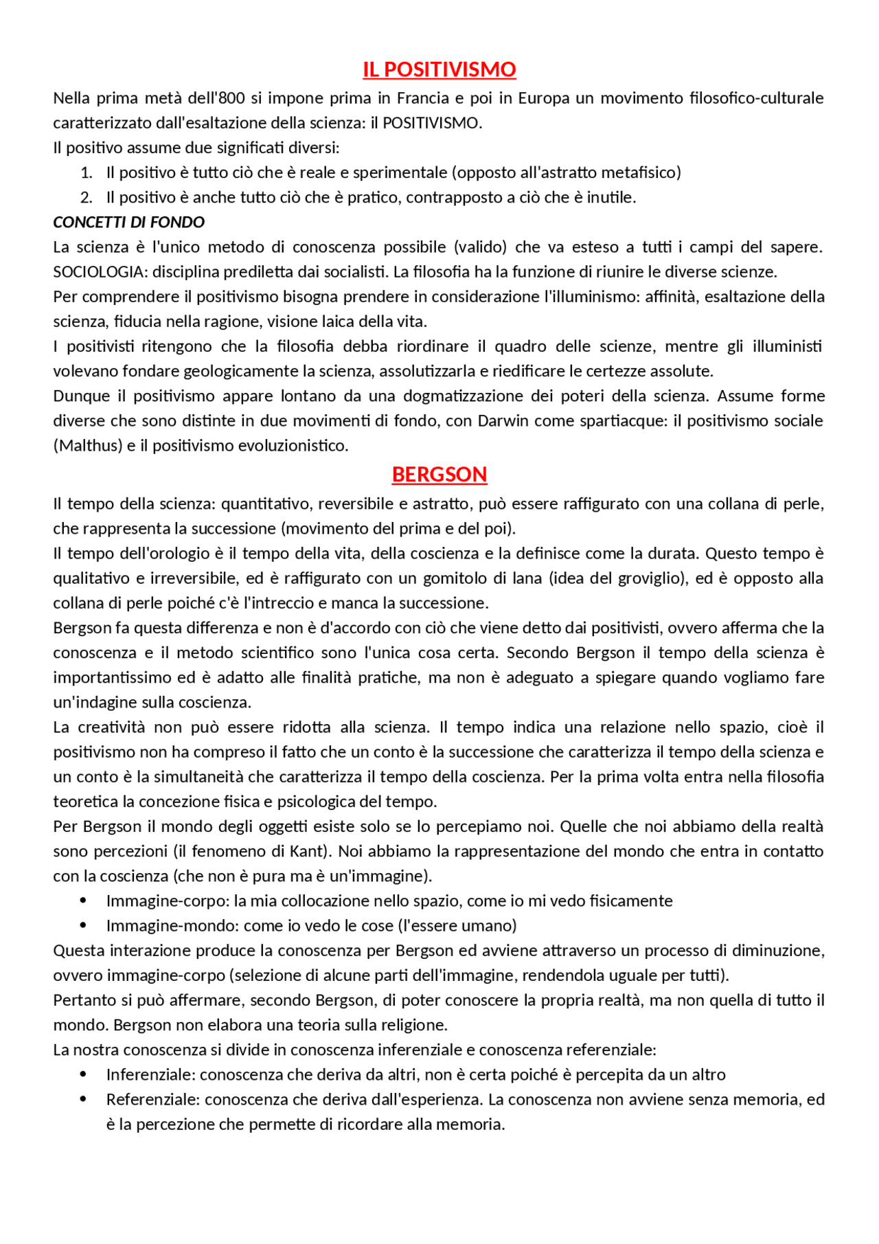Appunti Sul Positivismo E Bergson Docsity