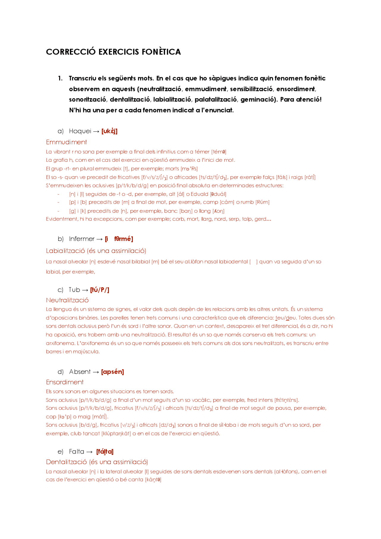 Català Fonètica Exercicis I Correcció Ejercicios De Catalán Docsity