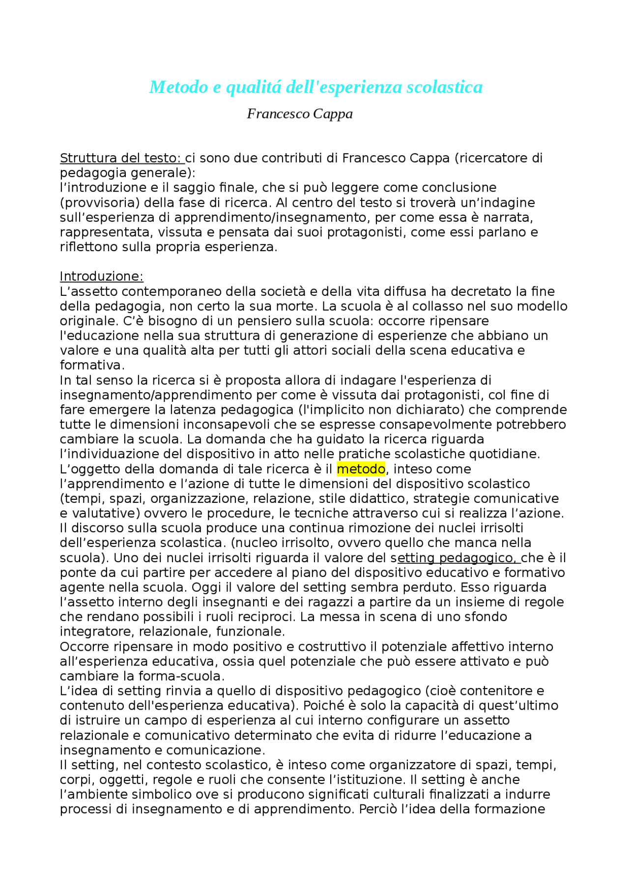Metodo e qualità dell'esperienza scolastica di Francesco Cappa - Docsity