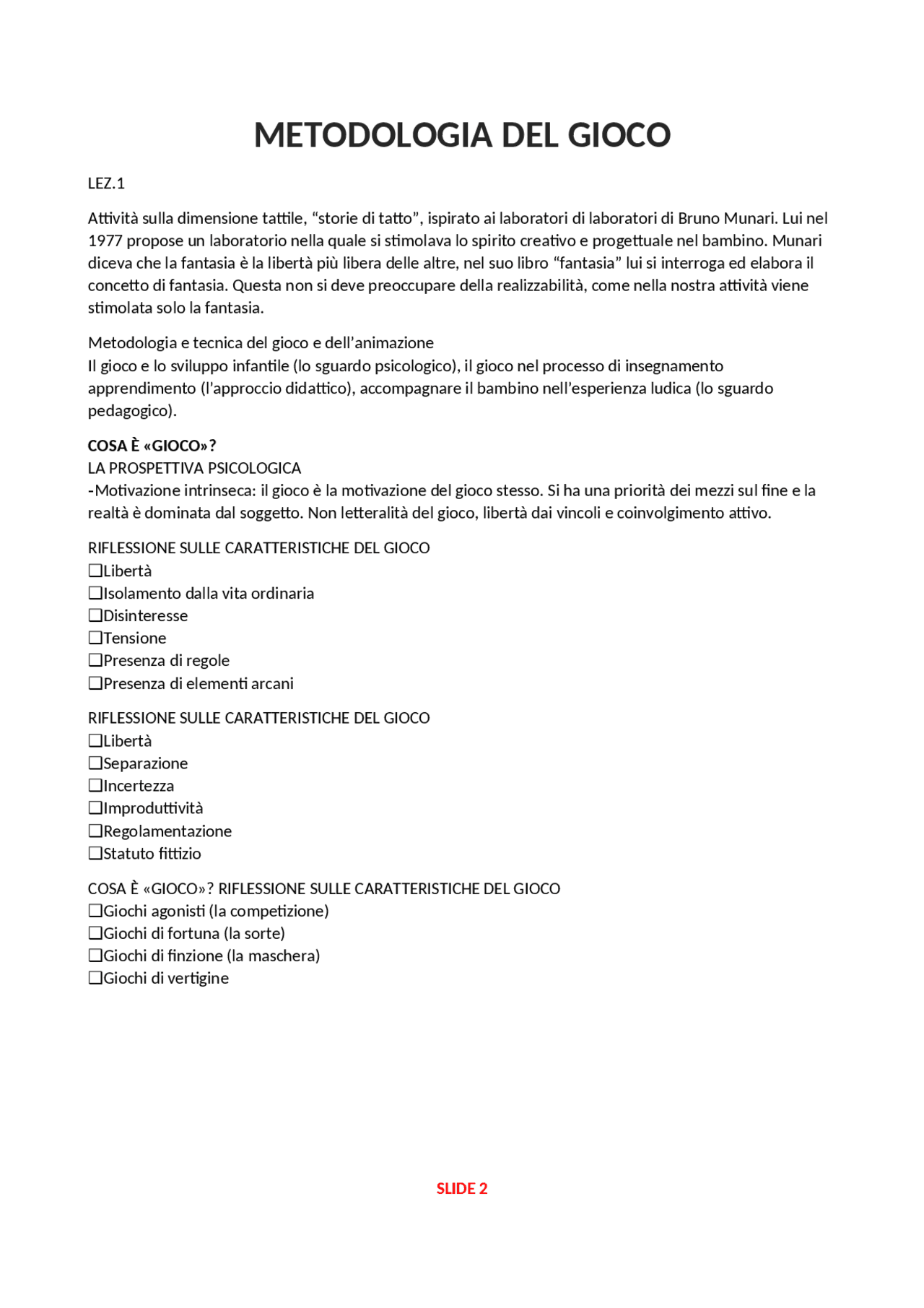 Appunti Di Metodologia Del Gioco Docsity