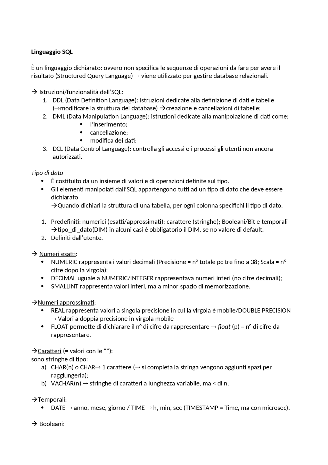 Il linguaggio SQL - appunti per il ripasso veloce - Docsity