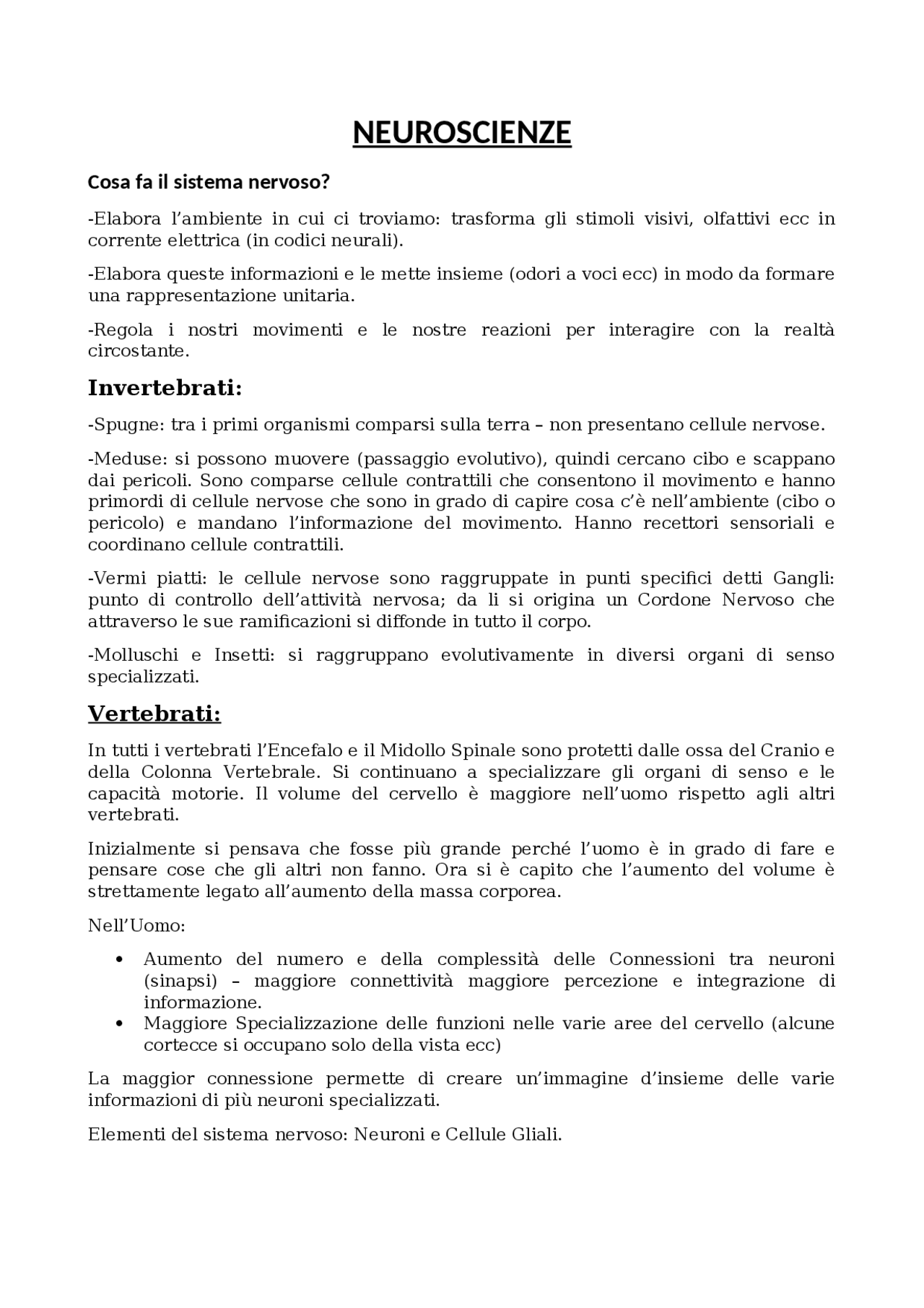 Dispense Neuroscienze, università di Psicologia di Torino - Docsity