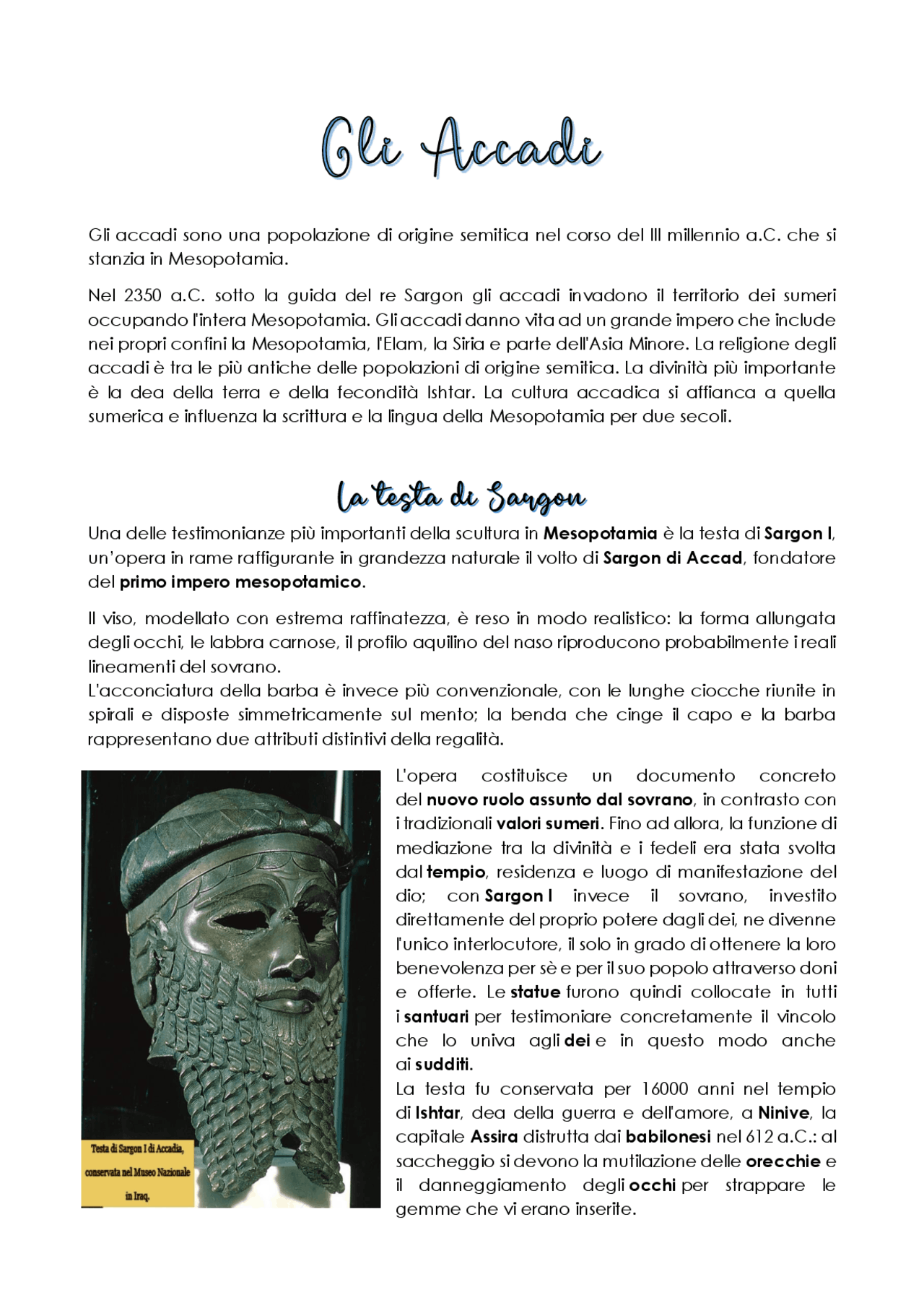 Gli accadi e la testa di Sargon - Docsity