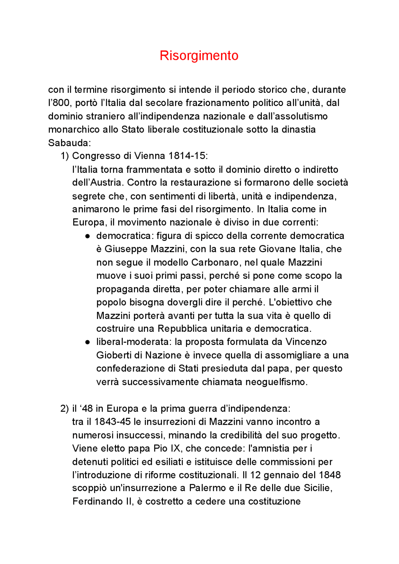 Il Risorgimento Italiano 1800 Sintesi Del Corso Di Storia Docsity