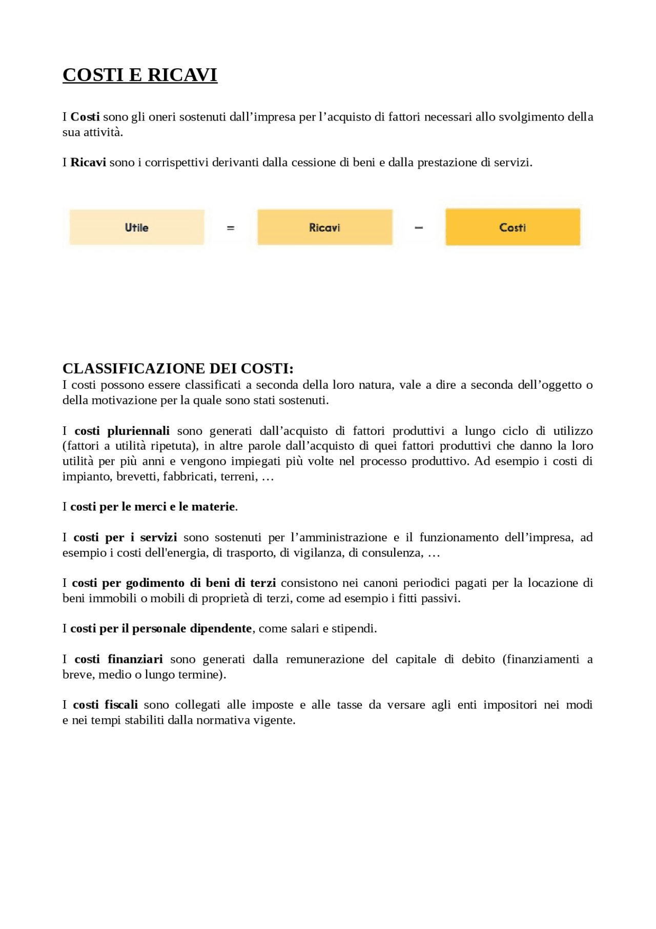 Tipologie Di Costi E Ricavi Docsity