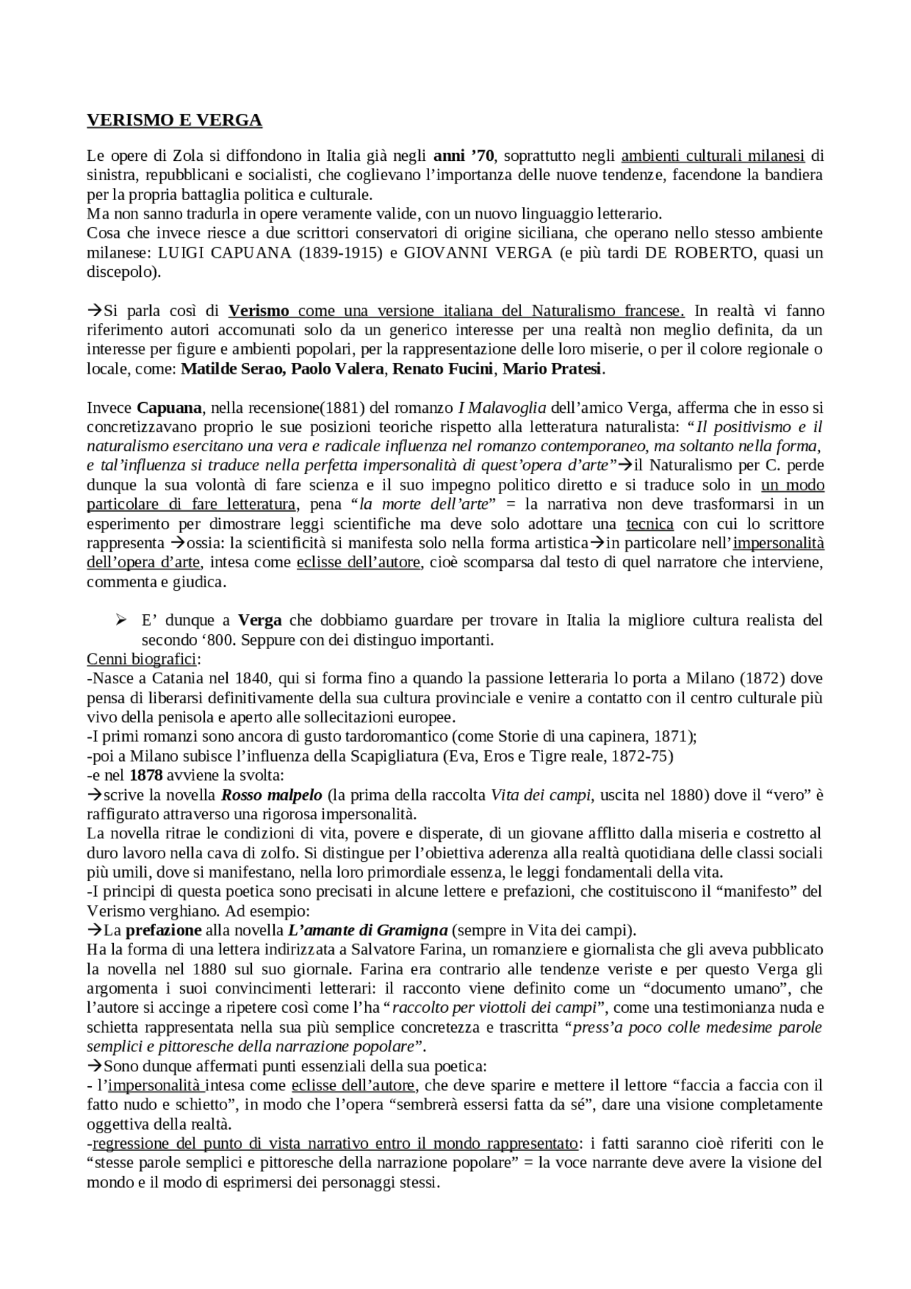 Appunti Su Verga E Verismo Docsity
