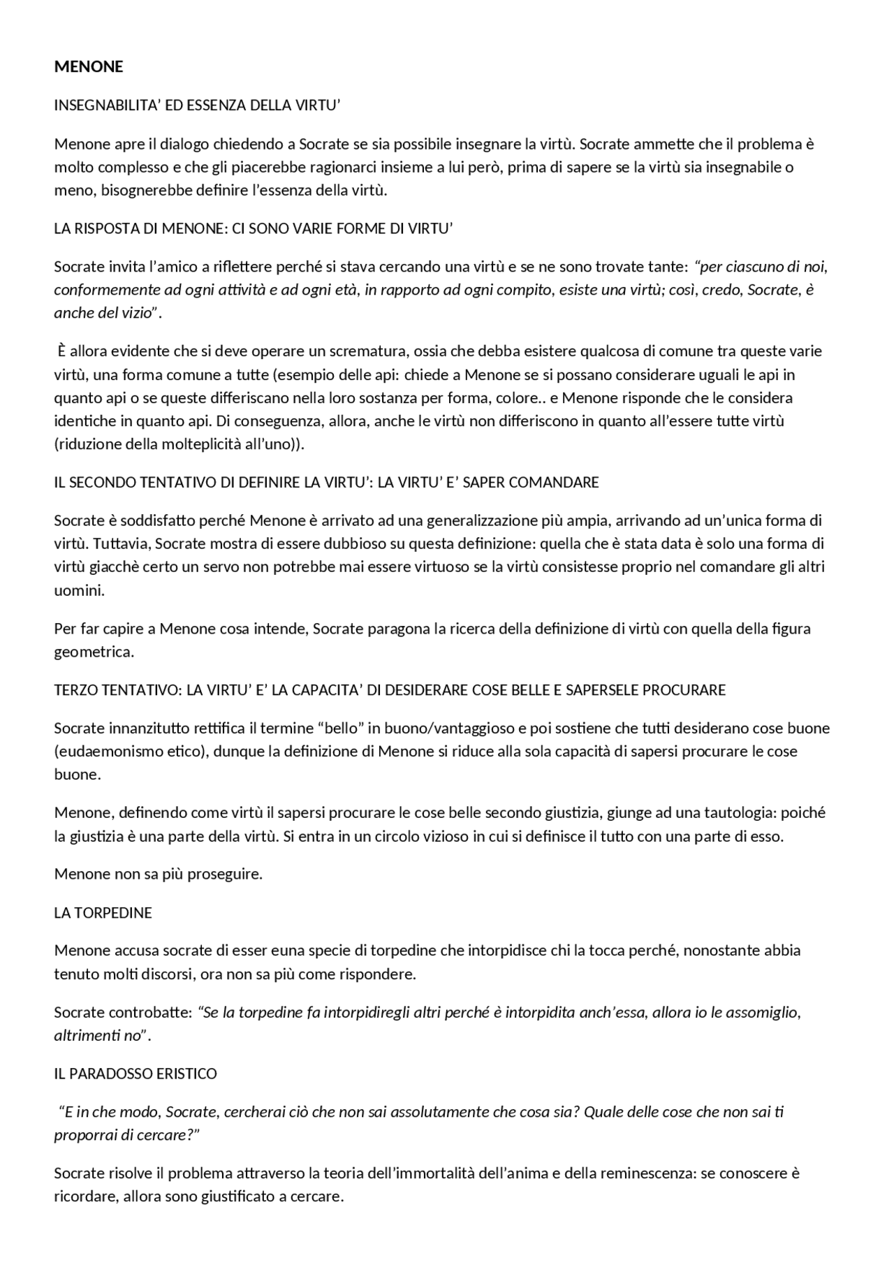 Commento Al Dialogo Menone Di Platone Docsity