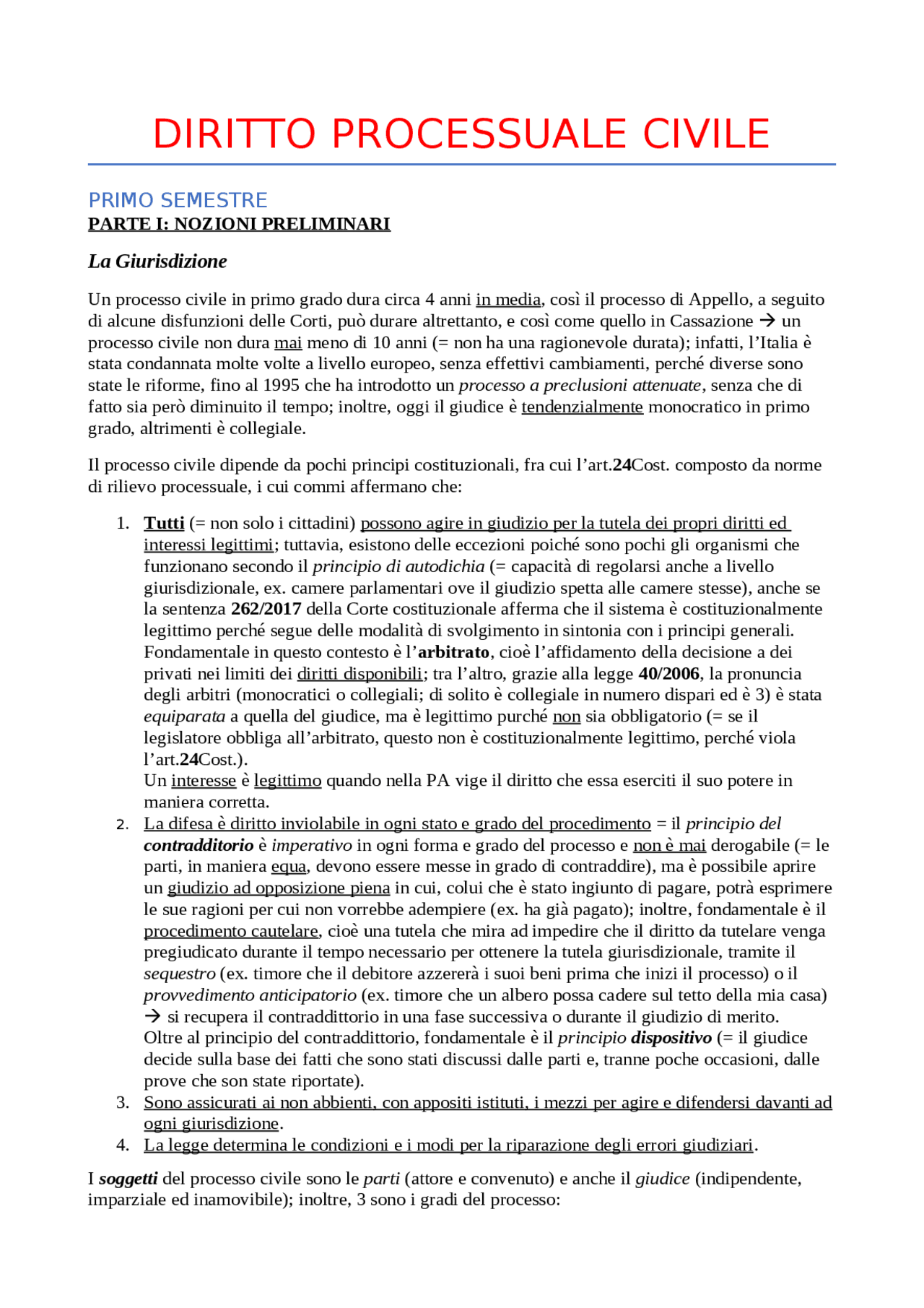 Diritto processuale civile, prima parte - Docsity