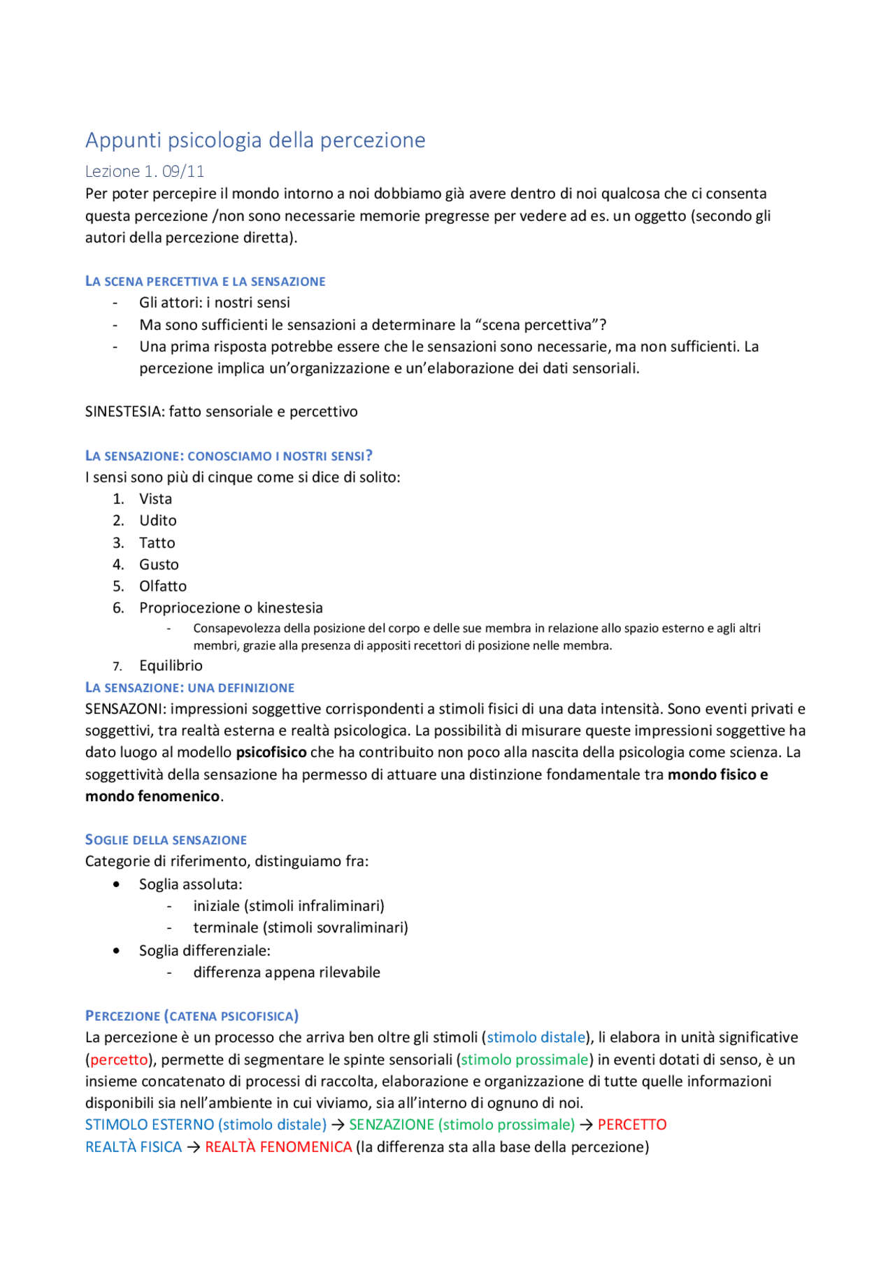 Appunti Psicologia Della Percezione Docsity