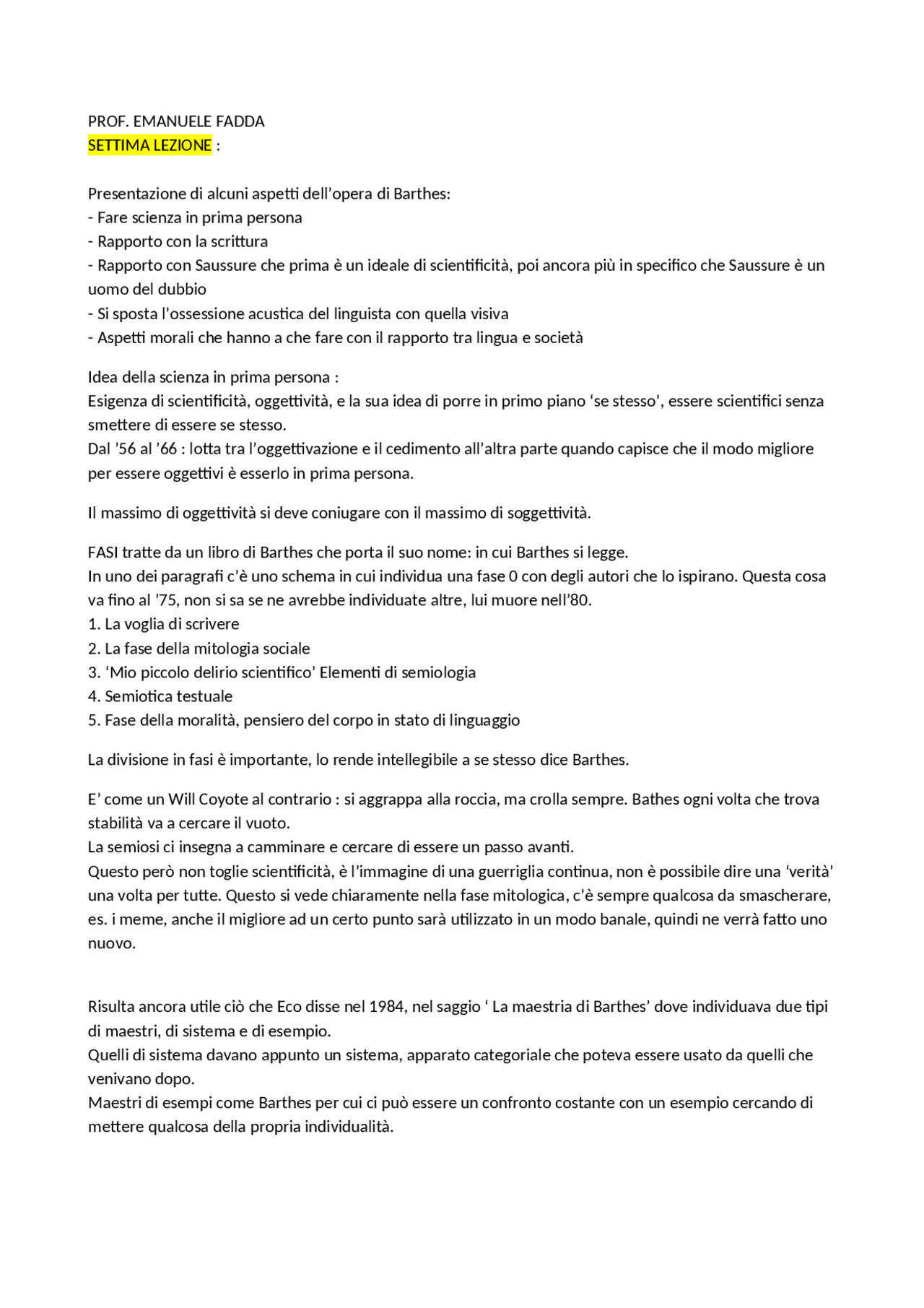 Settima Lezione di semiotica su Roland Barthes - Docsity