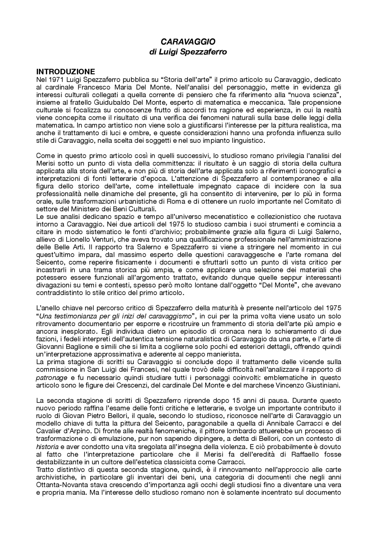 Caravaggio, L. Spezzaferro (riassunto) - Docsity