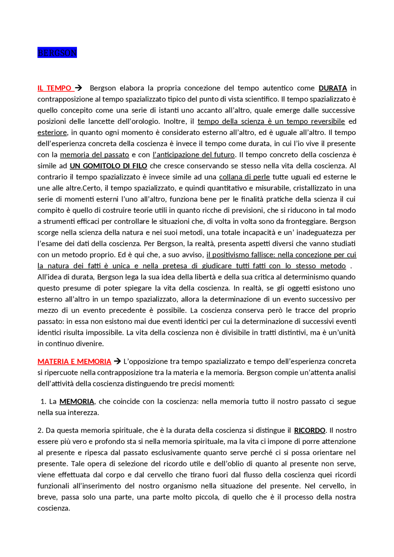 Riassunto Sul Filosofo Bergson Docsity