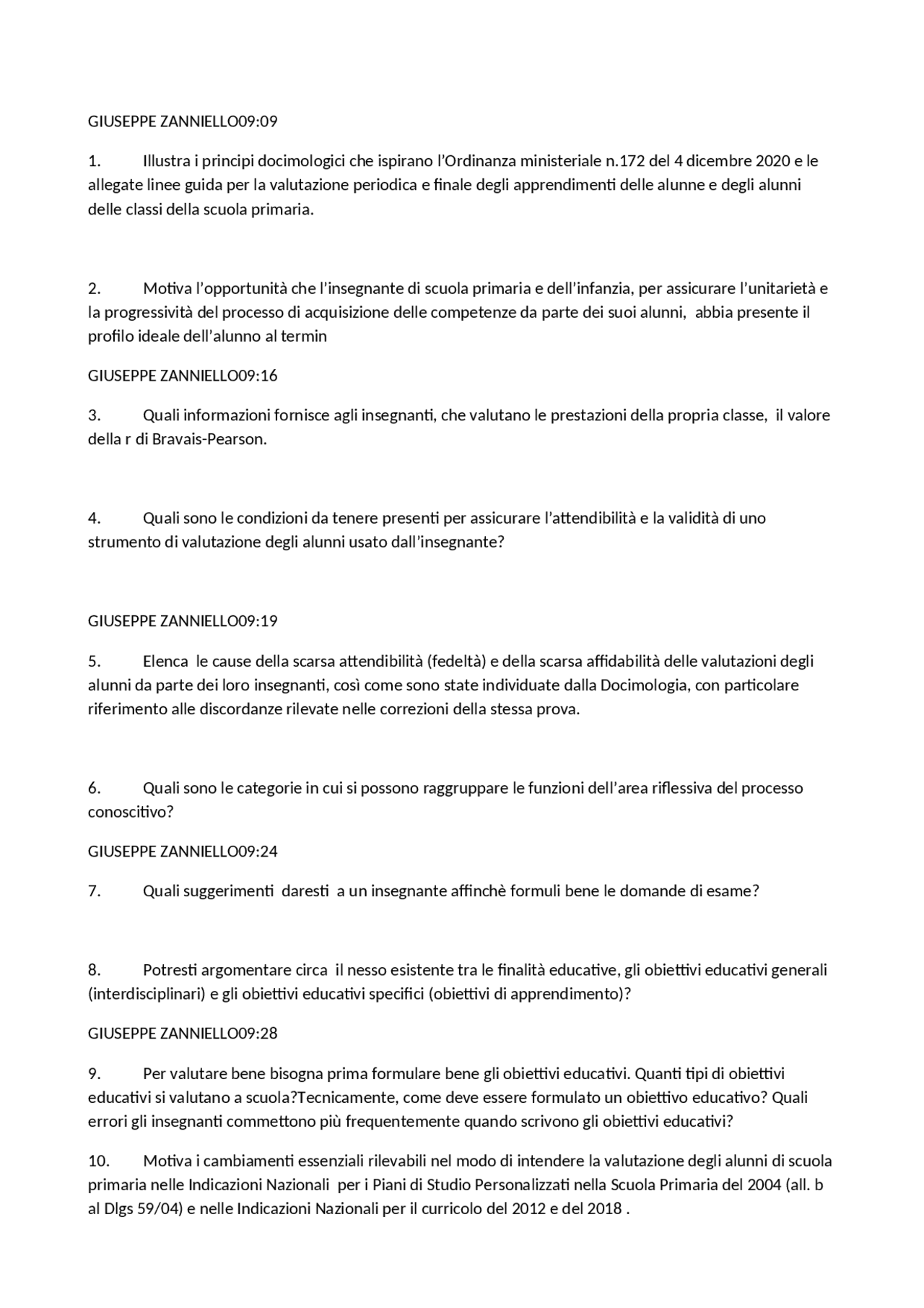 Domande Zanniello Esame Lumsa Docsity
