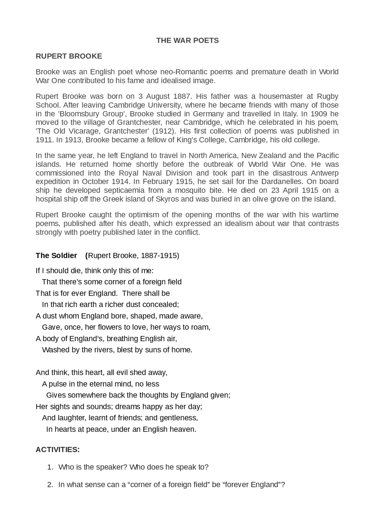 Rupert Brooke - The War Poets - Docsity