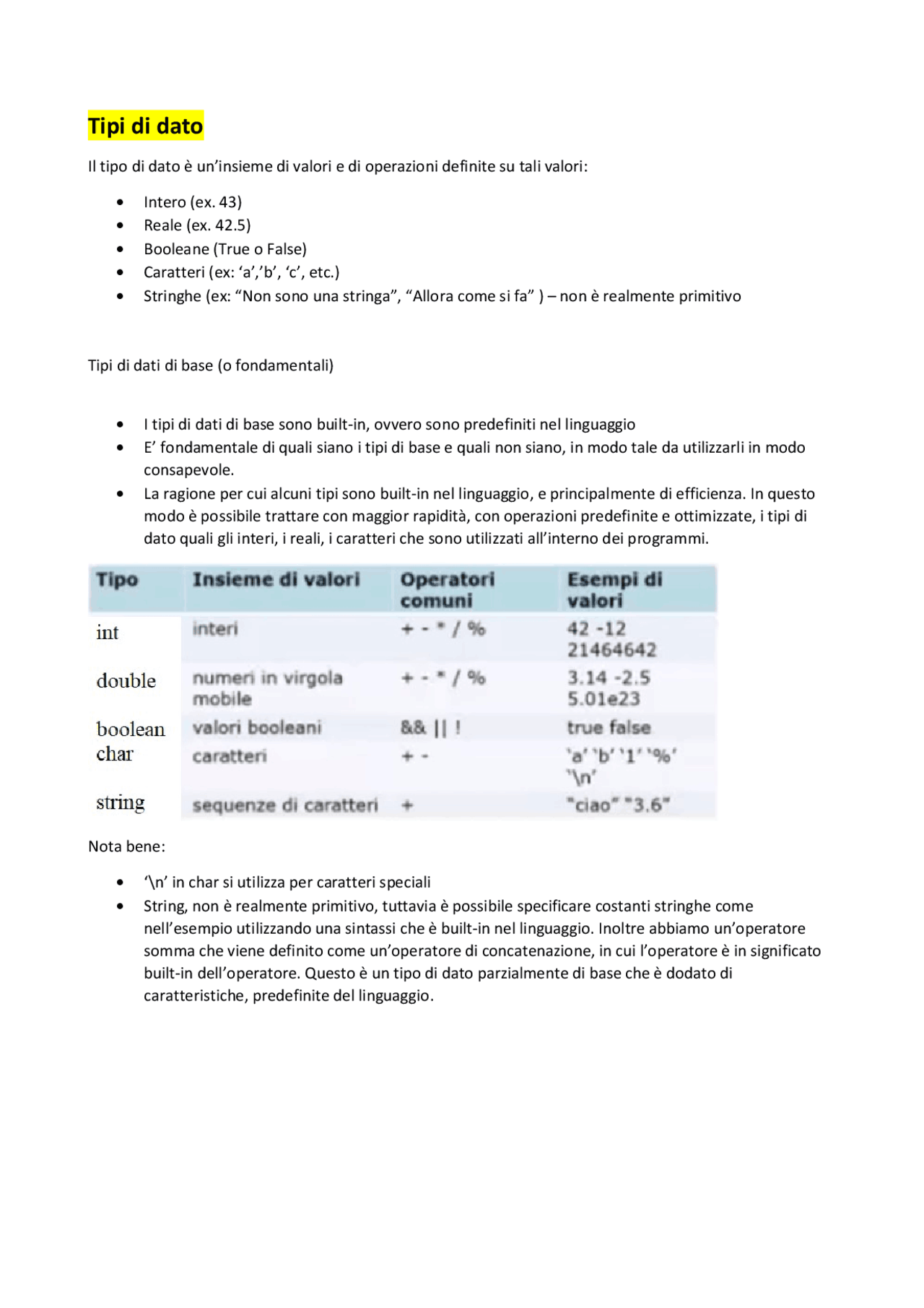 Tipi Dato Fondamentale Docsity