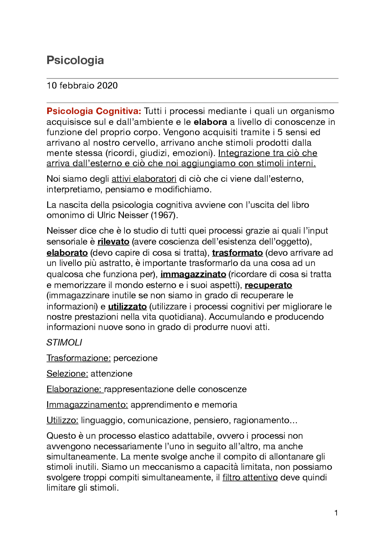 Psicologia Cognitiva Prof Nicoletti Docsity