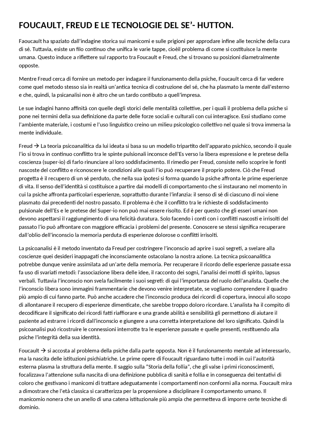 FOUCAULT, FREUD E LE TECNOLOGIE DEL SE’ di Hutton - Docsity