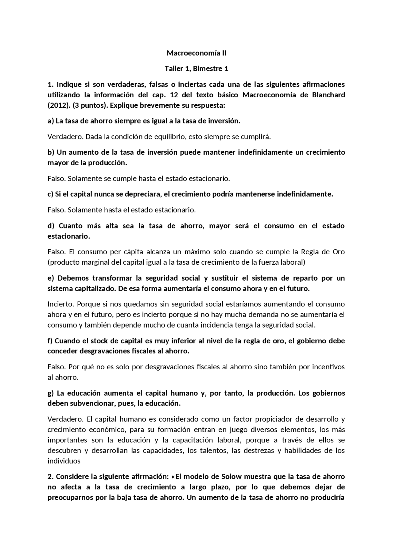 Taller 1 Macroeconomia Ii Ejercicios De Macroeconomía Docsity
