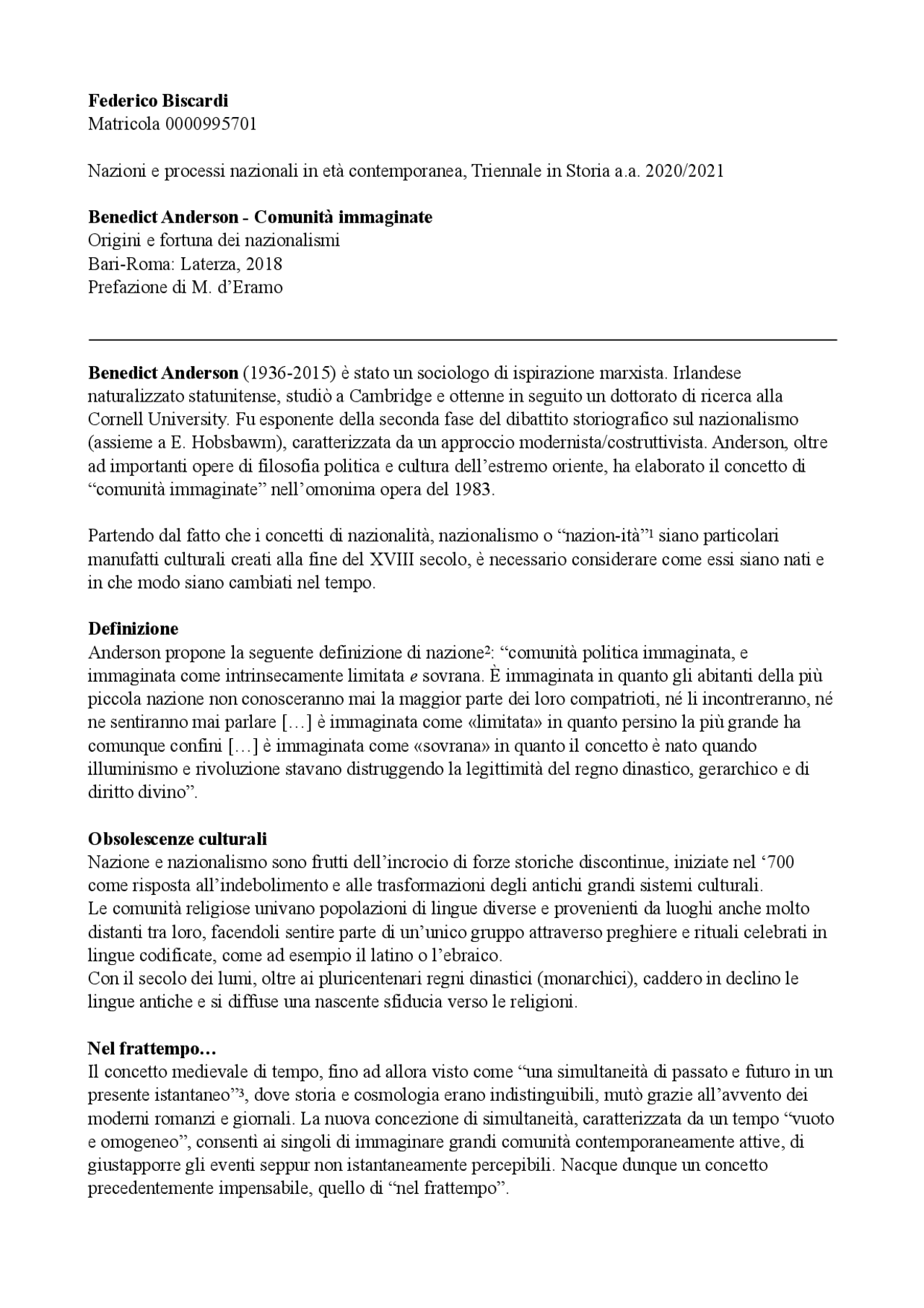 Comunità Immaginate Benedict Anderson Docsity