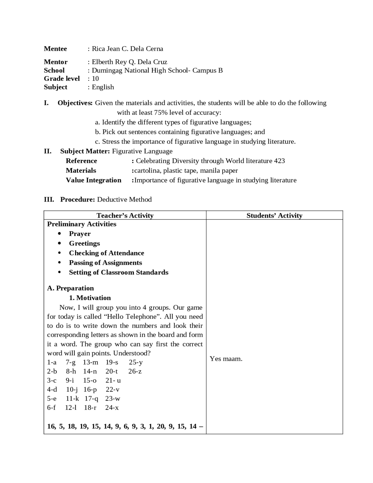 Lesson Guide for students in high school - Docsity