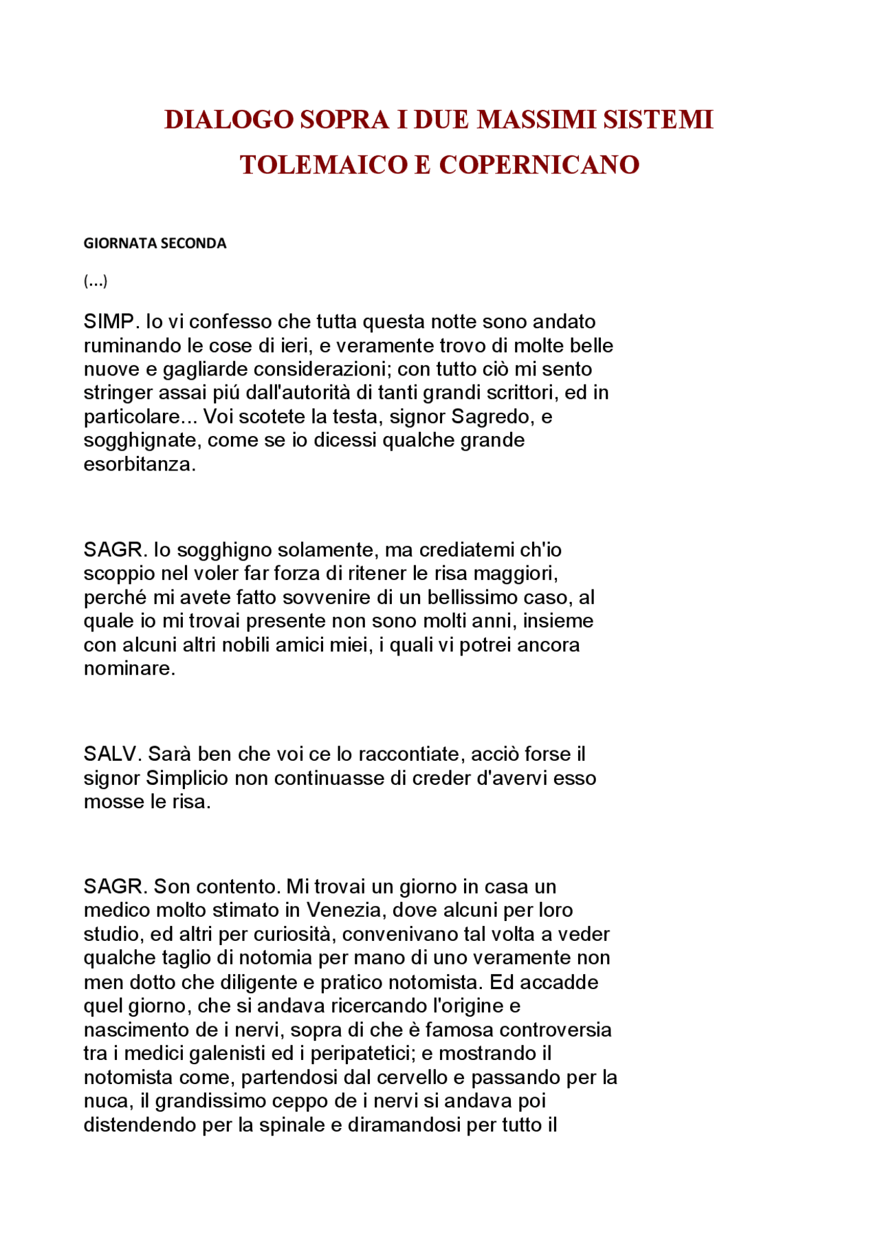 Dialogo Sopra Due Massimi Sistemi Del Mondo Docsity