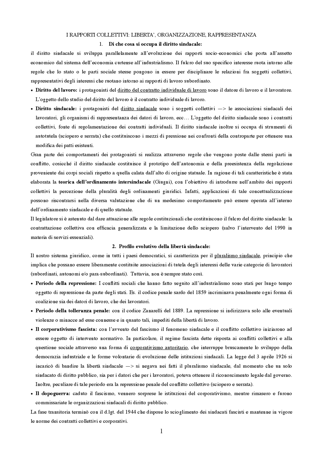 Riassunto Diritto Sindacale Mazzotta Docsity