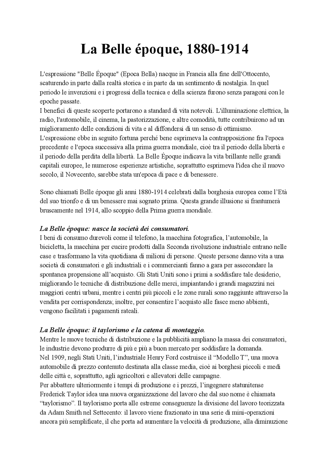 Storia: "La Belle Epoque" - Docsity
