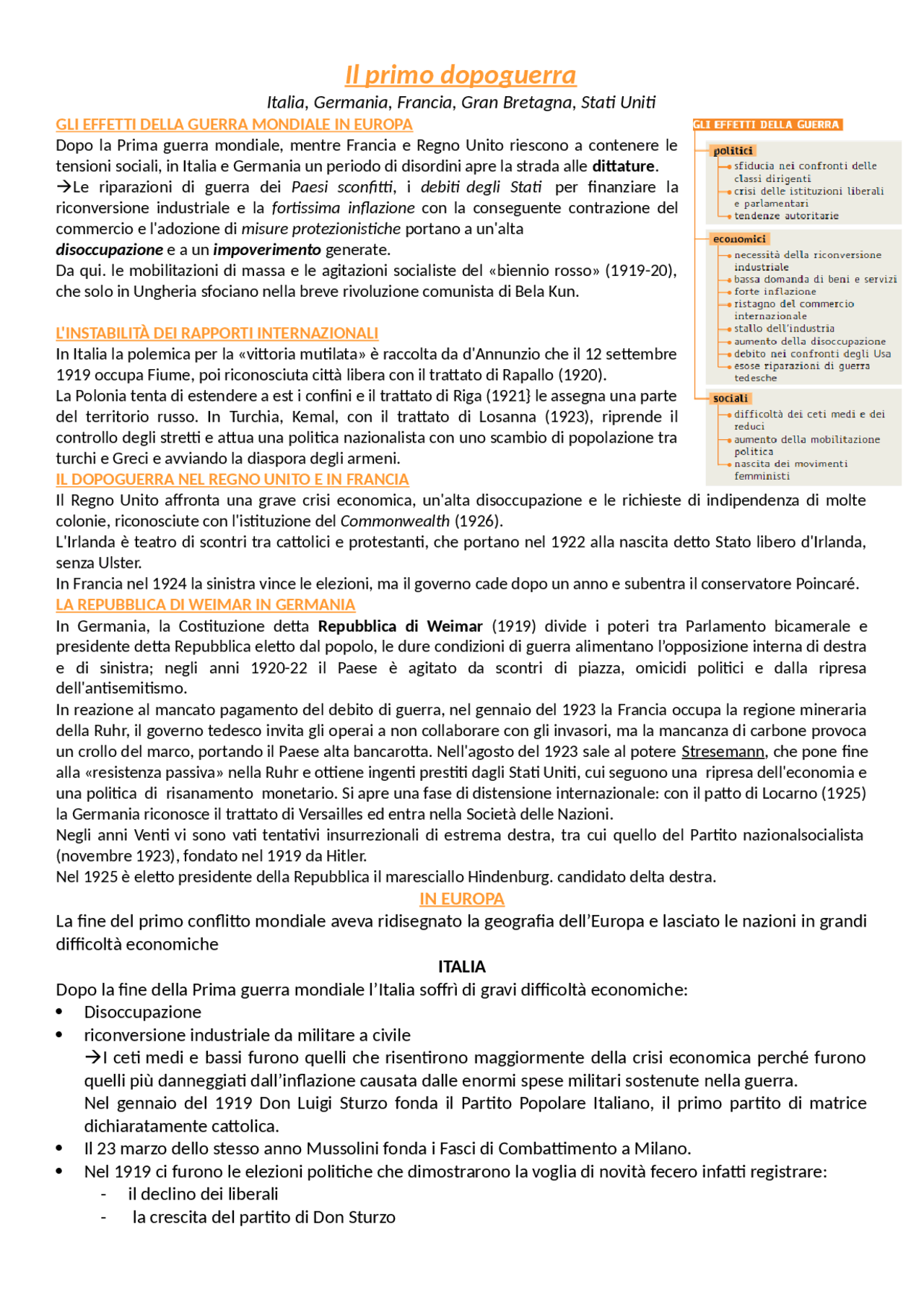 Il Primo Dopo Guerra Docsity