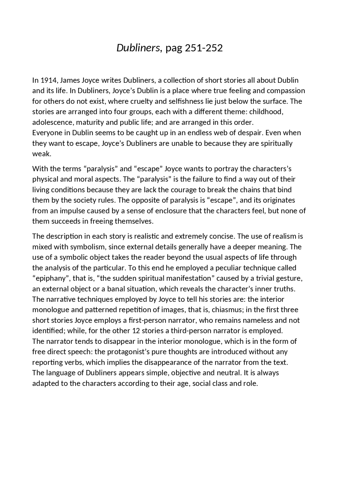 Dubliners, James Joyce | Sintesi del corso di Inglese | Docsity