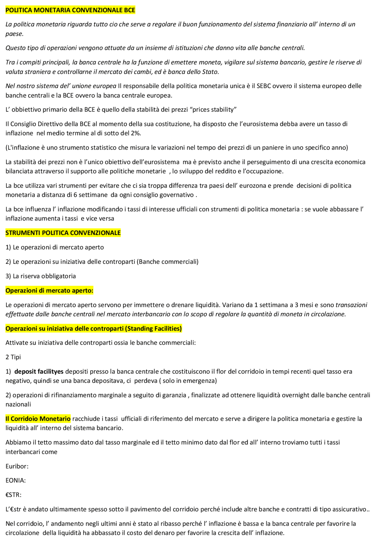 POLITICA MONETARIA CONVENZIONALE BCE - Docsity