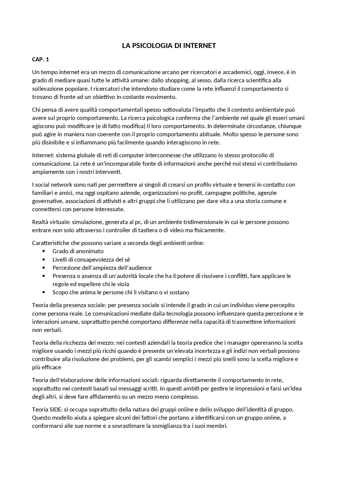 Sintesi Libro Psicologia Di Internet Docsity