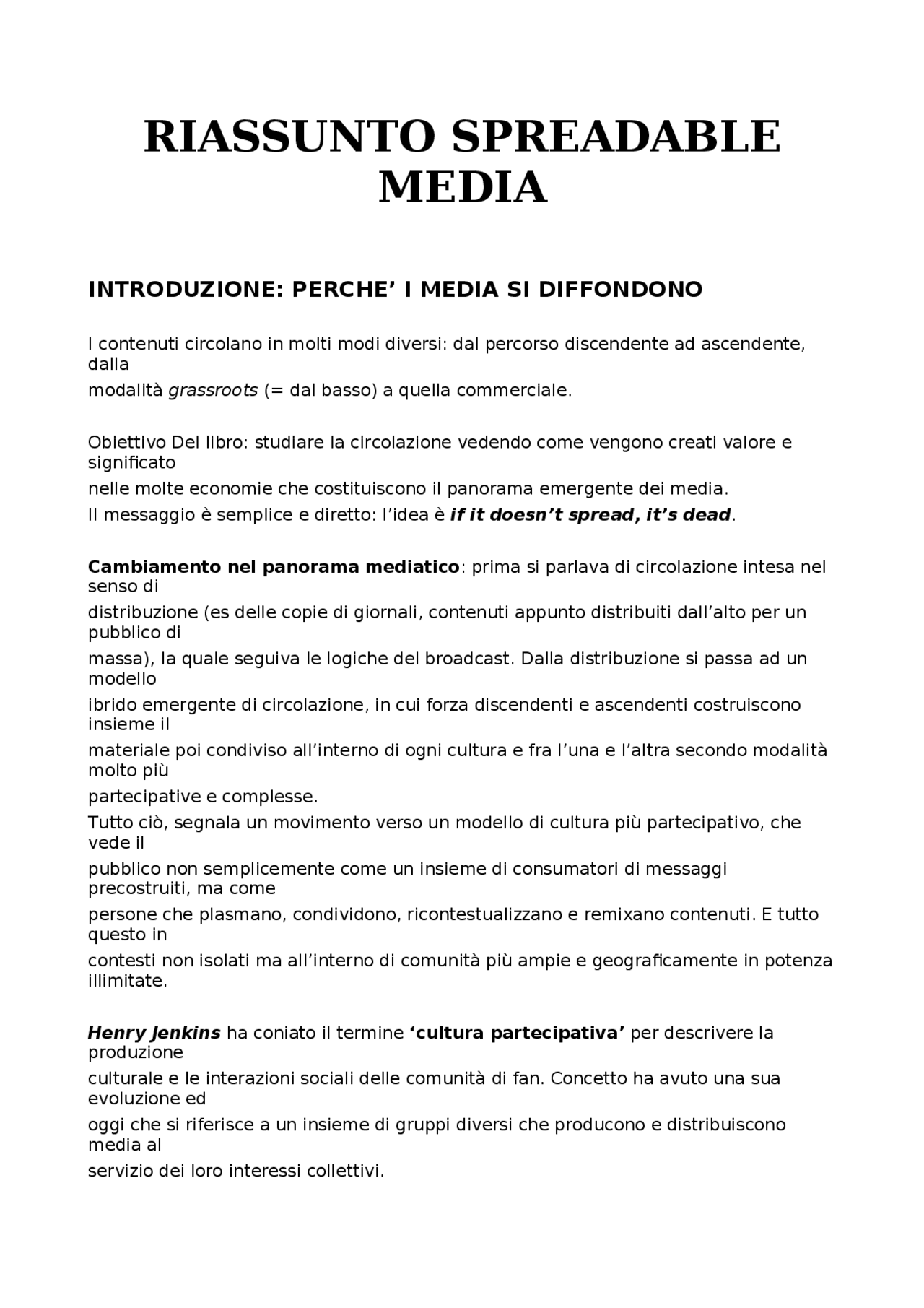 Riassunto Spreadable Media Docsity