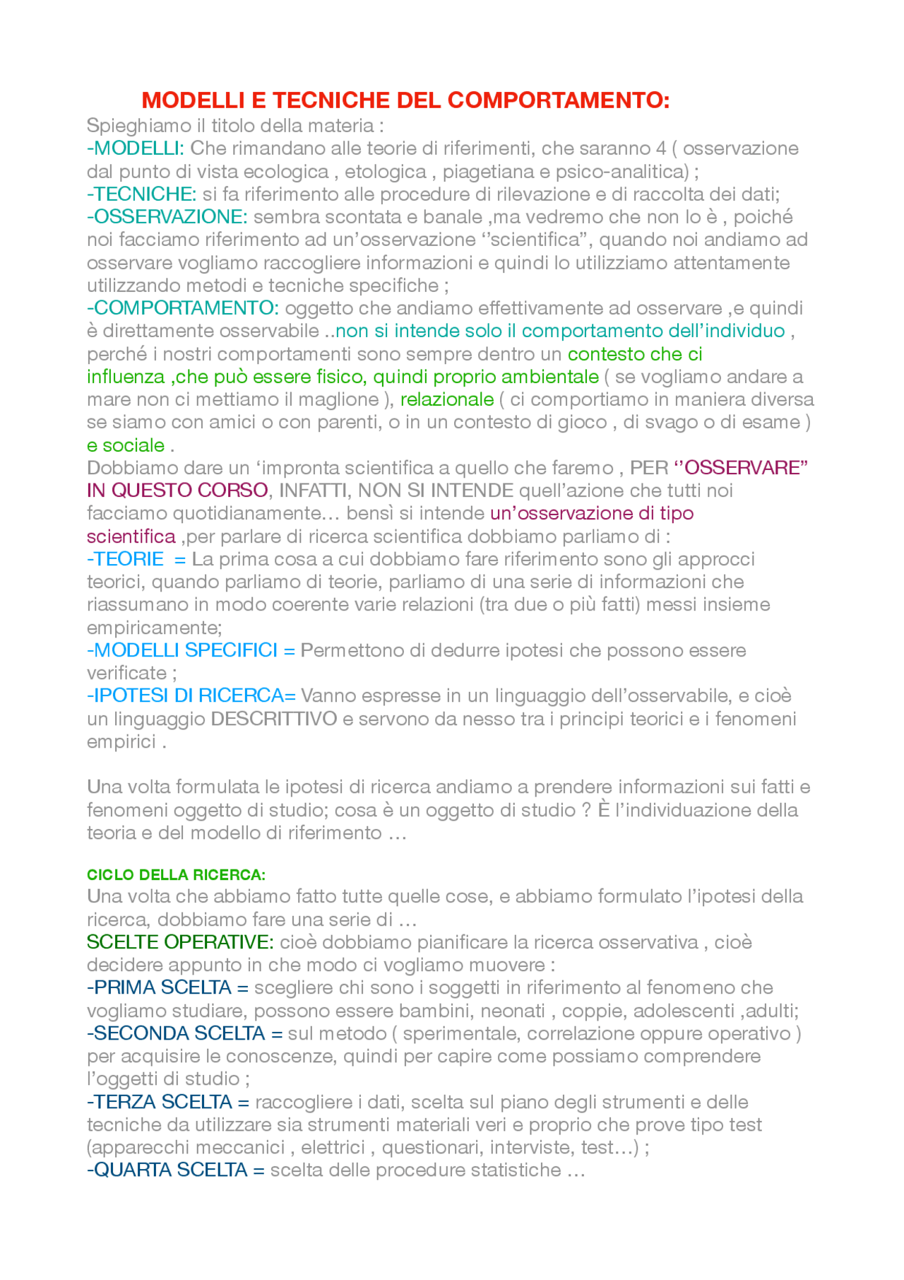 Appunti Modelli E Tecniche Di Osservazione Del Comportamento Docsity