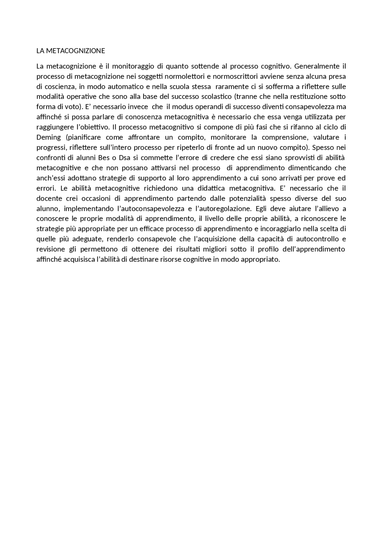Metacognizione Sintesi Docsity