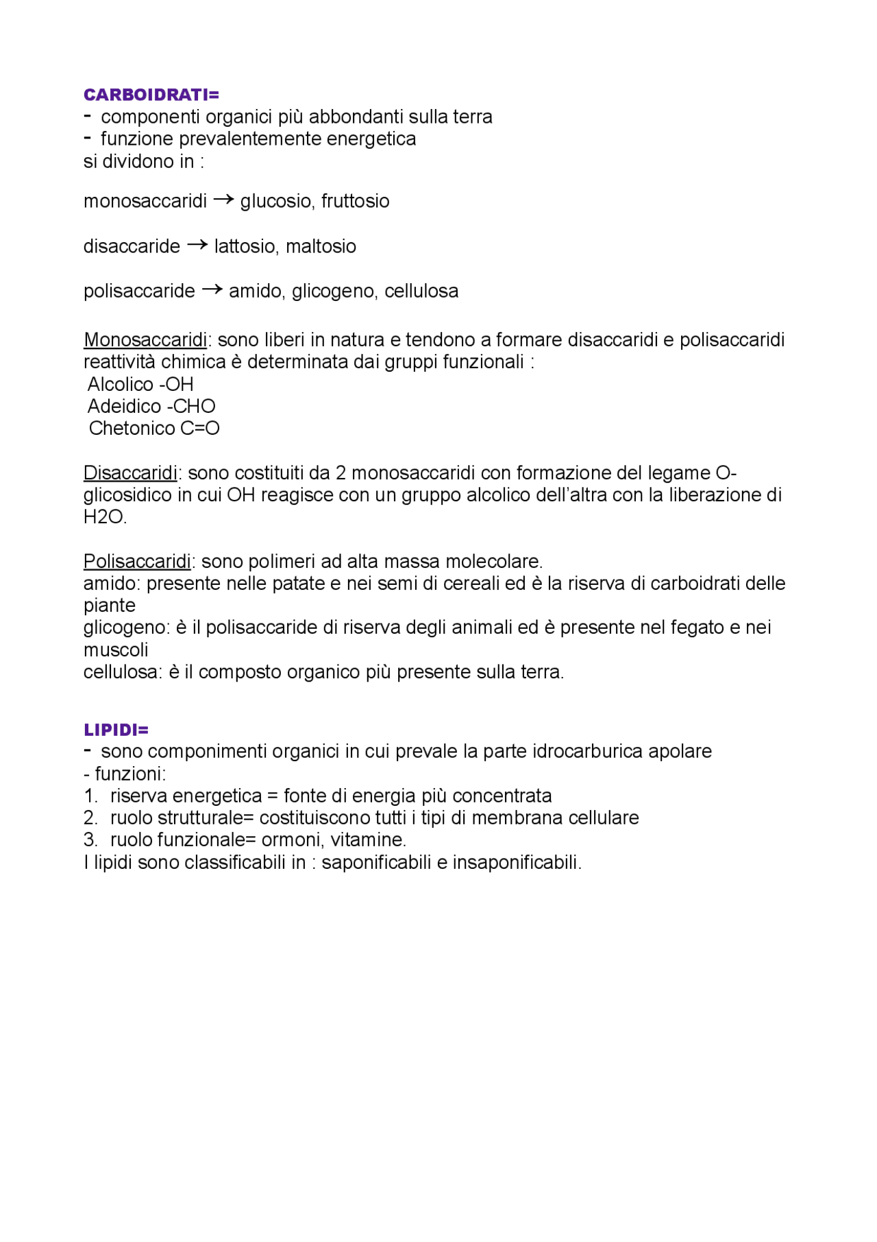 Schema Lipidi E Carboidrati Docsity