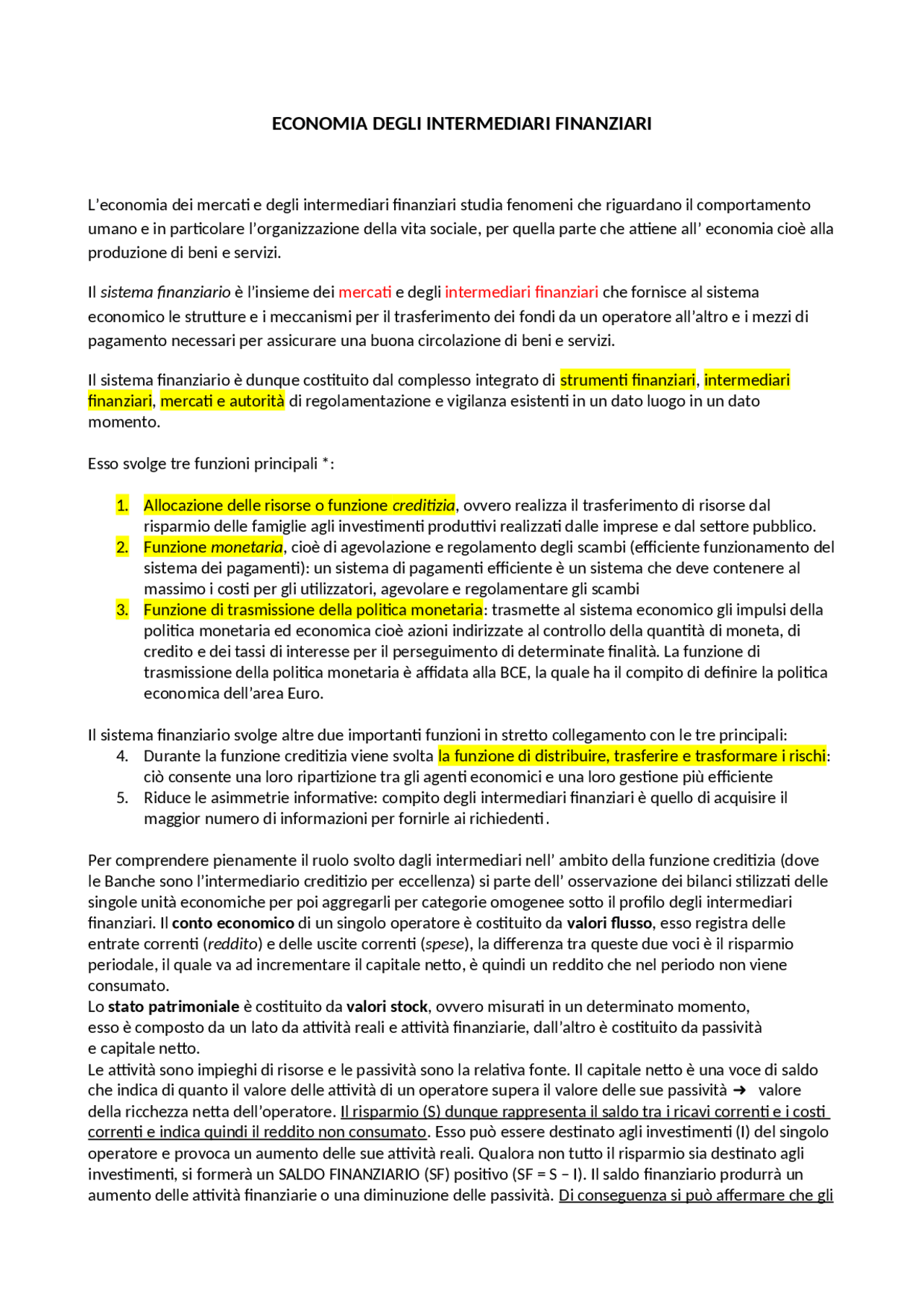 Economia Degli Intermediari Finanziari I Modulo Docsity