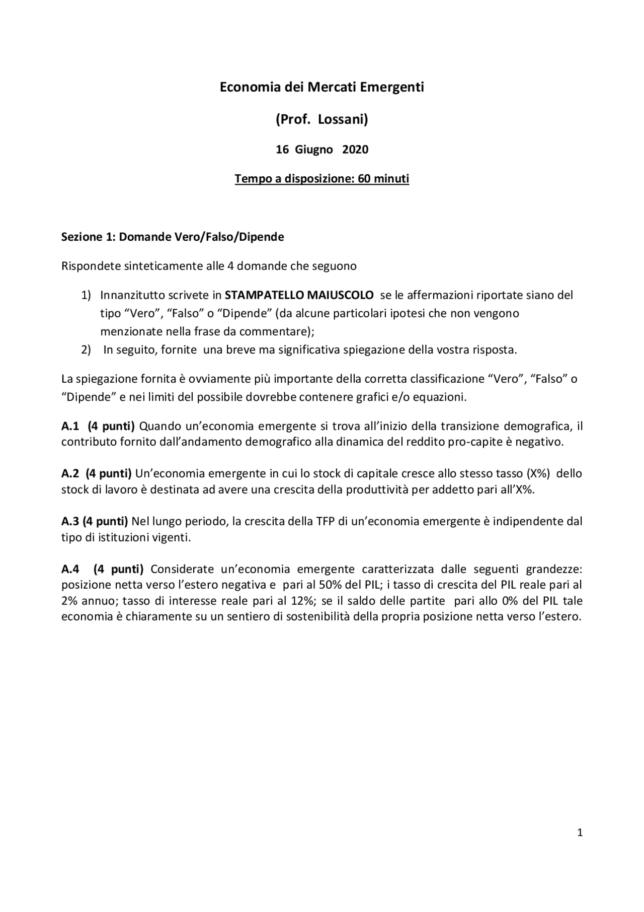 Prova Esame 2020 Giugno Prove Desame Di Economia Docsity