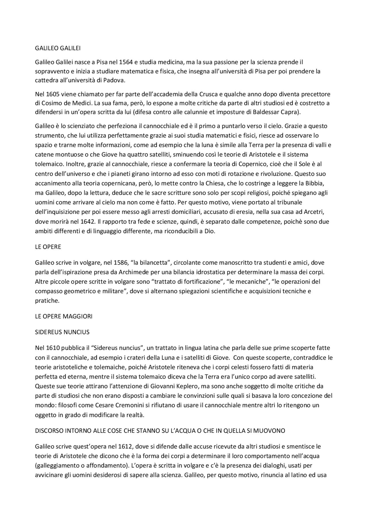 Galileo Galilei Vita Opere Pensiero Docsity