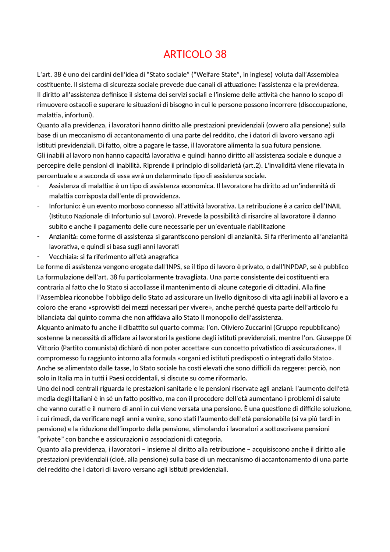 Articolo 38 costituzione italiana | Notes de Droit | Docsity