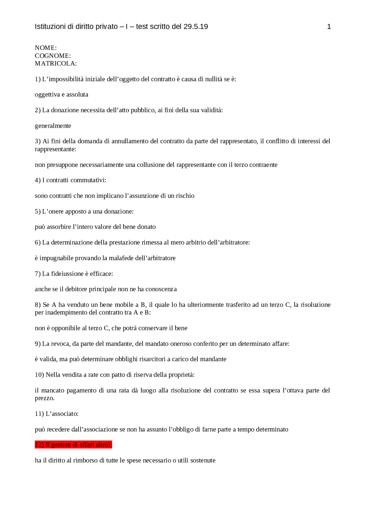 Simulazioni Test Diritto Privato Docsity