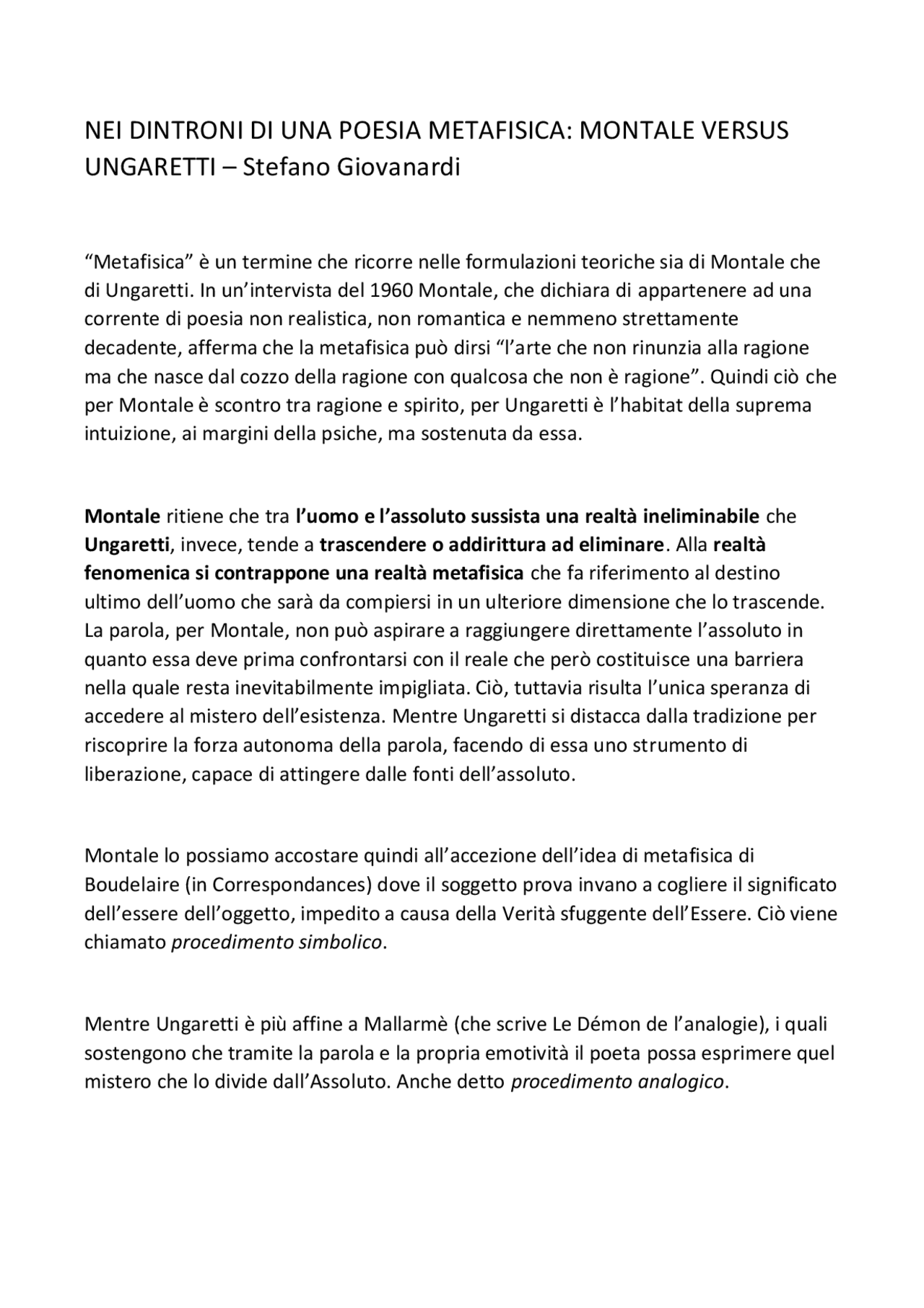 Nei Dintorni Di Una Poesia Metafisica Montale Vs Ungaretti Stefano