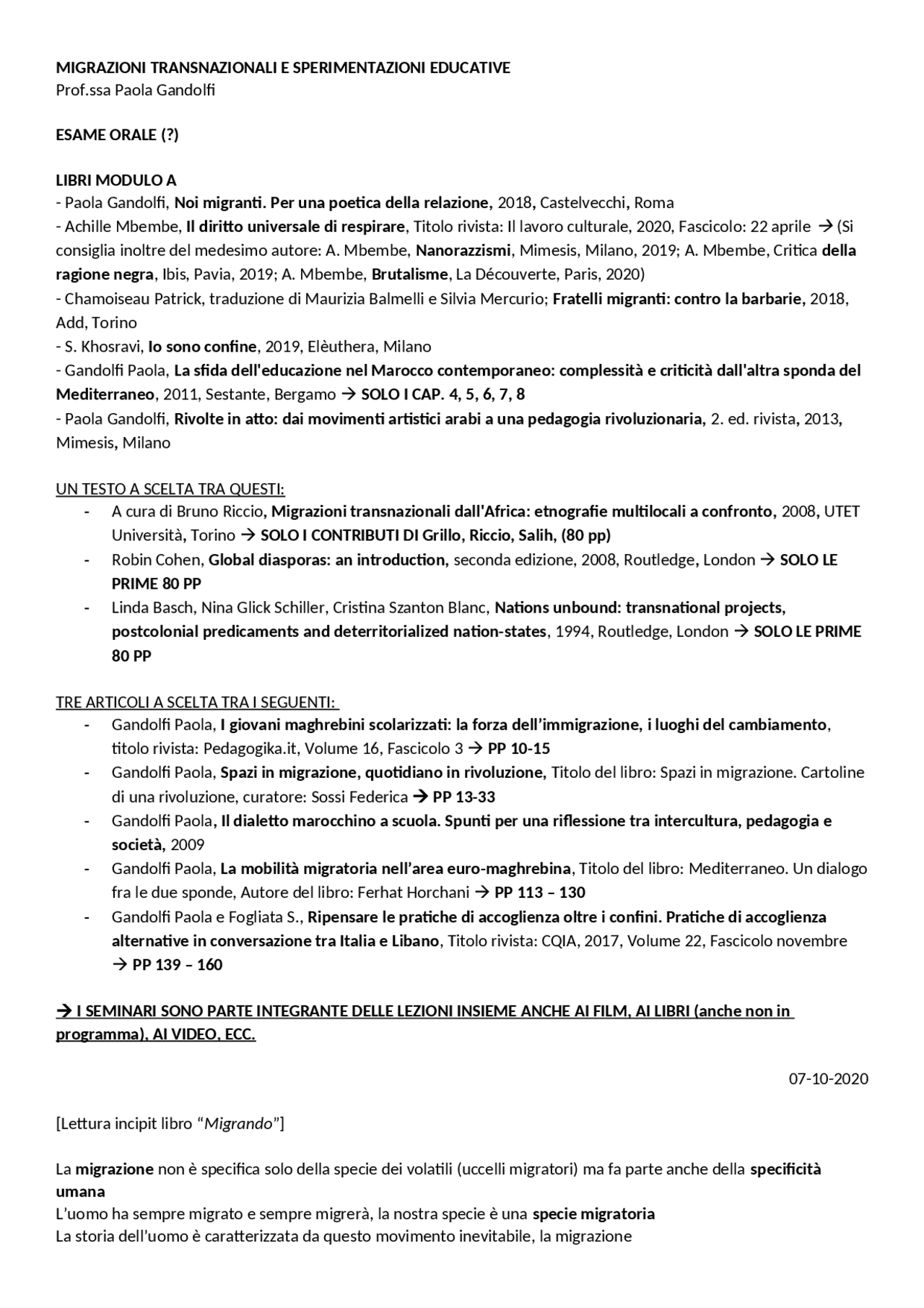 Appunti Della Prima Parte Delle Lezioni Di Migrazioni Docsity