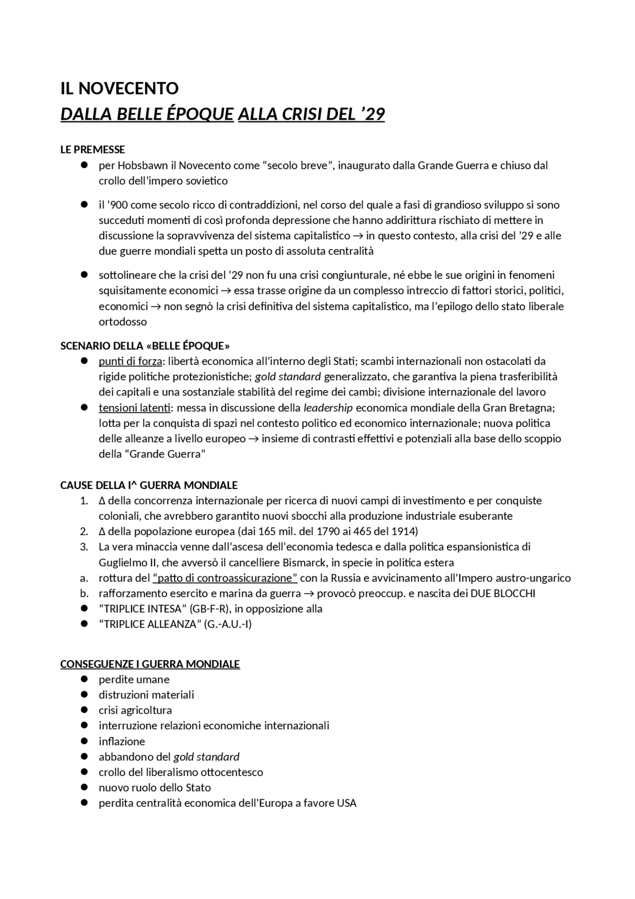 IL NOVECENTO DALLA BELLE ÉPOQUE ALLA CRISI DEL ’29 - Docsity